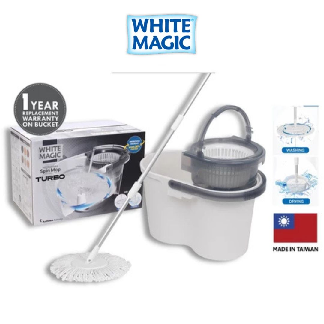 White Magic TURBO Hand Press Spin Mop Set (with 1 microfiber mop heads ...