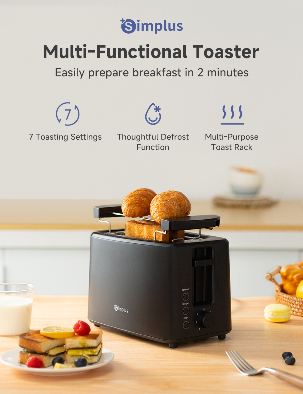 Simplus Toaster | 700W High Power | 7-Level Toasting Settings | 2-Minute Quick Breakfast DSLU007 ...