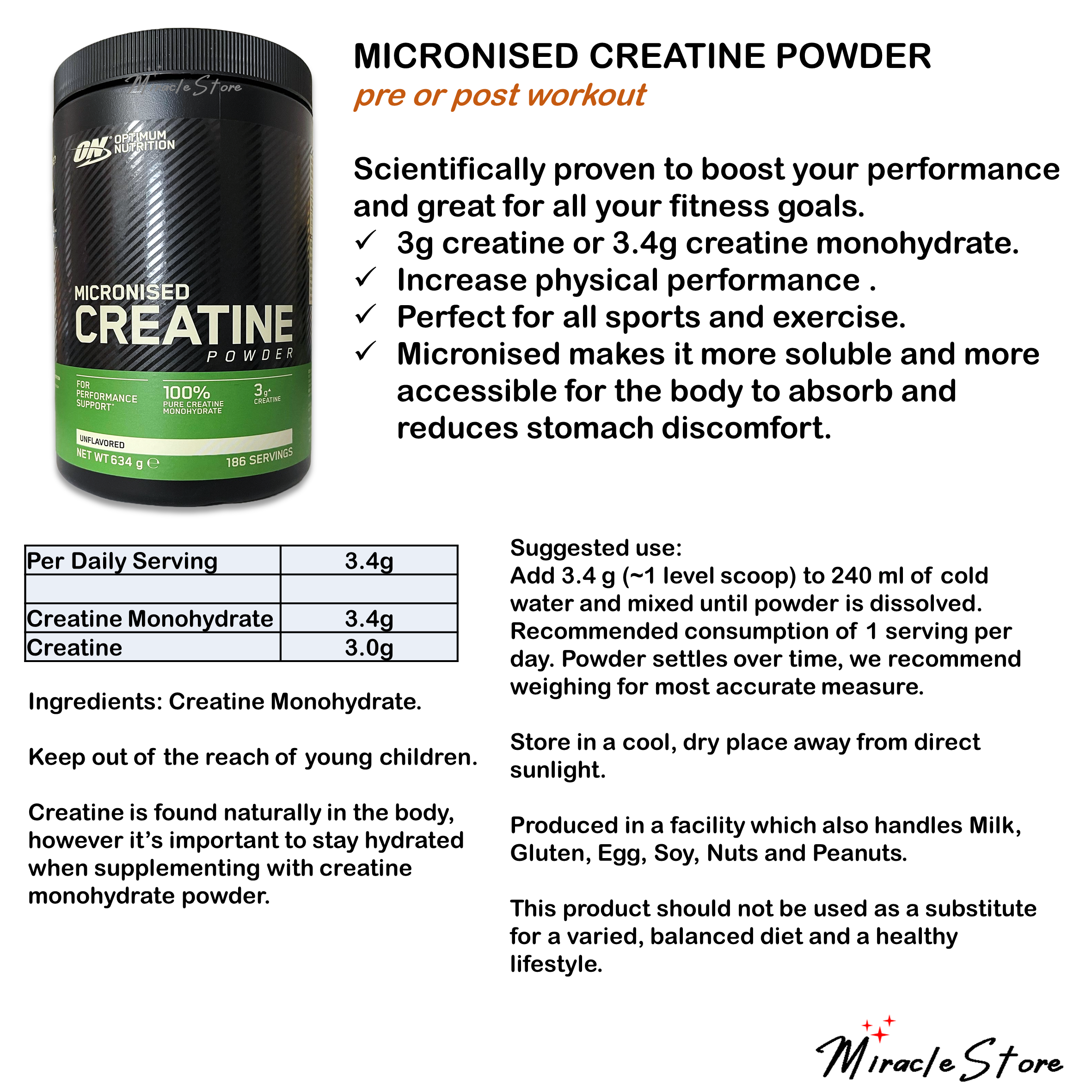 Optimum Nutrition Micronised Creatine Monohydrate 634g or 317g | Shopee ...