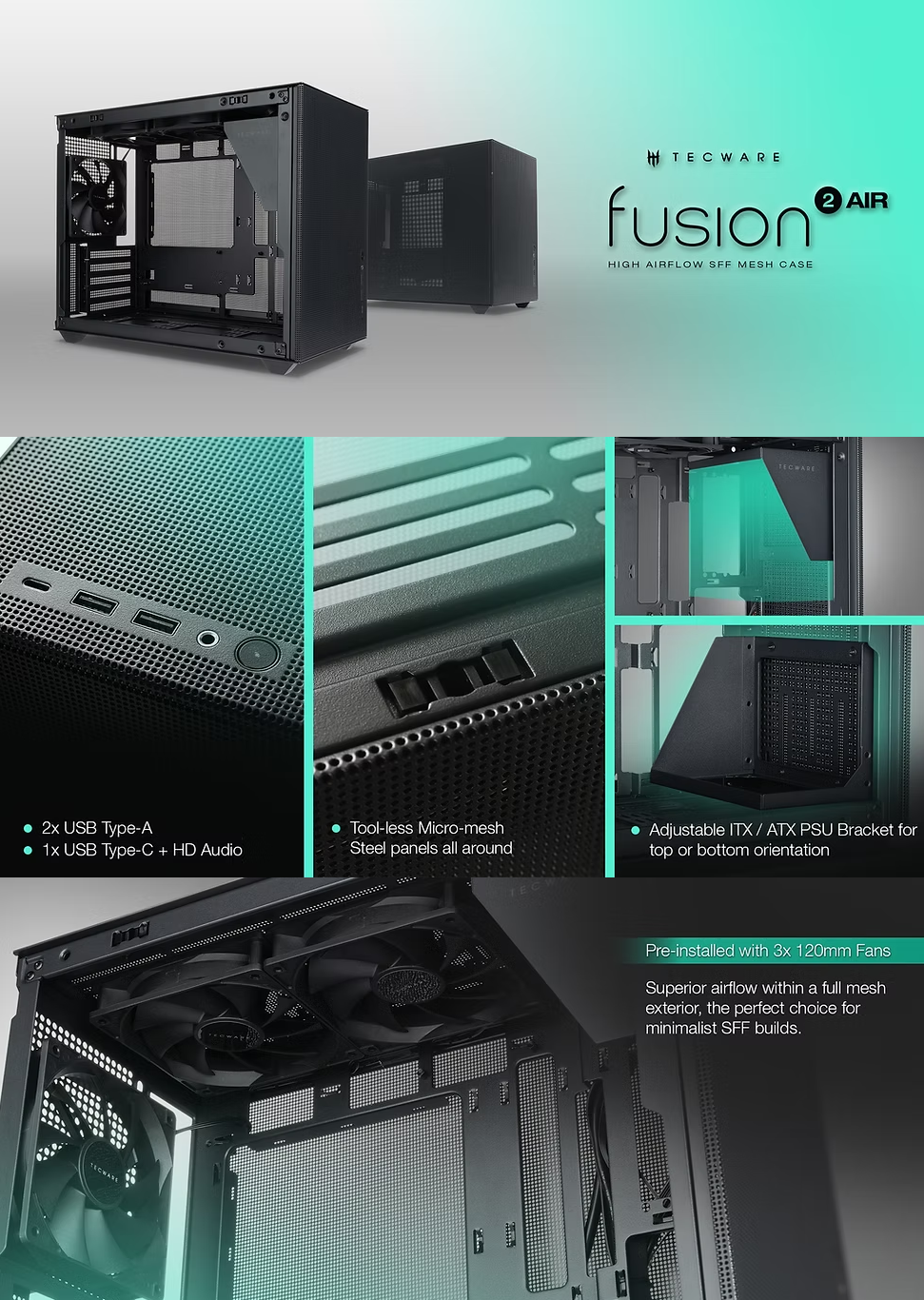 [MATX/ITX] TECWARE FUSION 2 / AIR / M2 HYBRID SFF CHASIS MESH BLACK PC ...