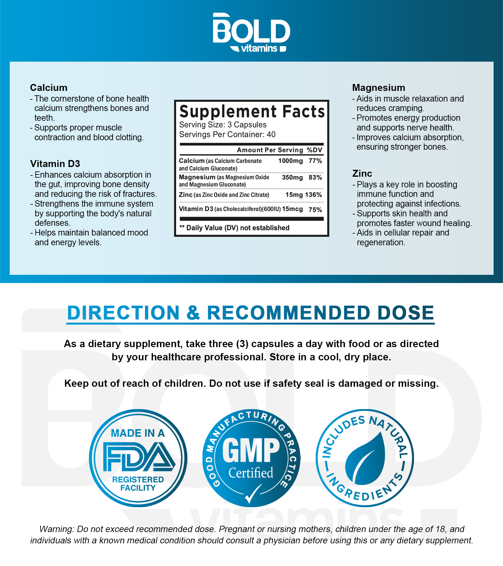 Bold Vitamins Calcium Magnesium Zinc + Vitamin D3 (120 Capsules) For ...