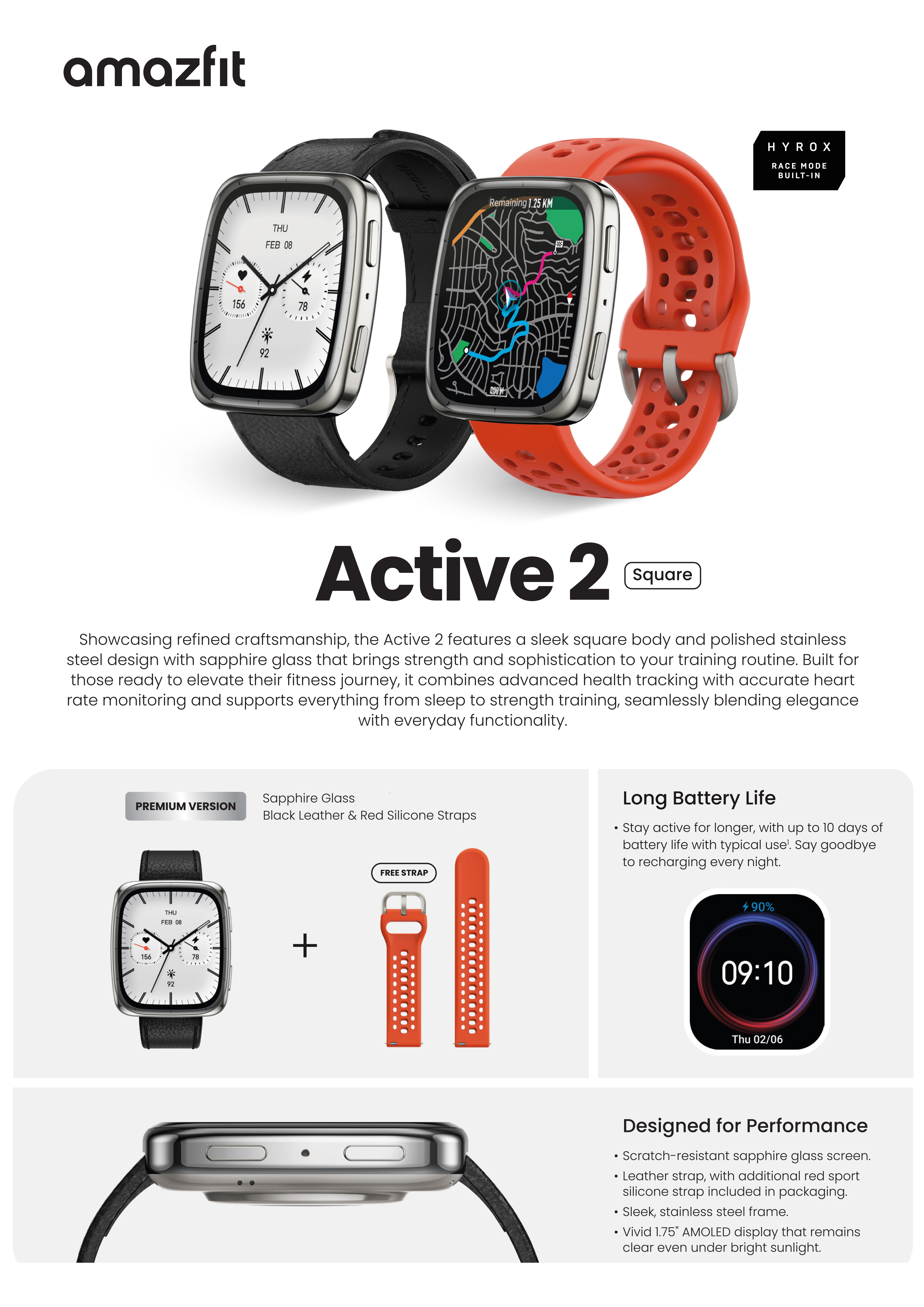Amazfit Active 2 Square Fitness Smartwatch | 1.75" AMOLED Sapphire ...