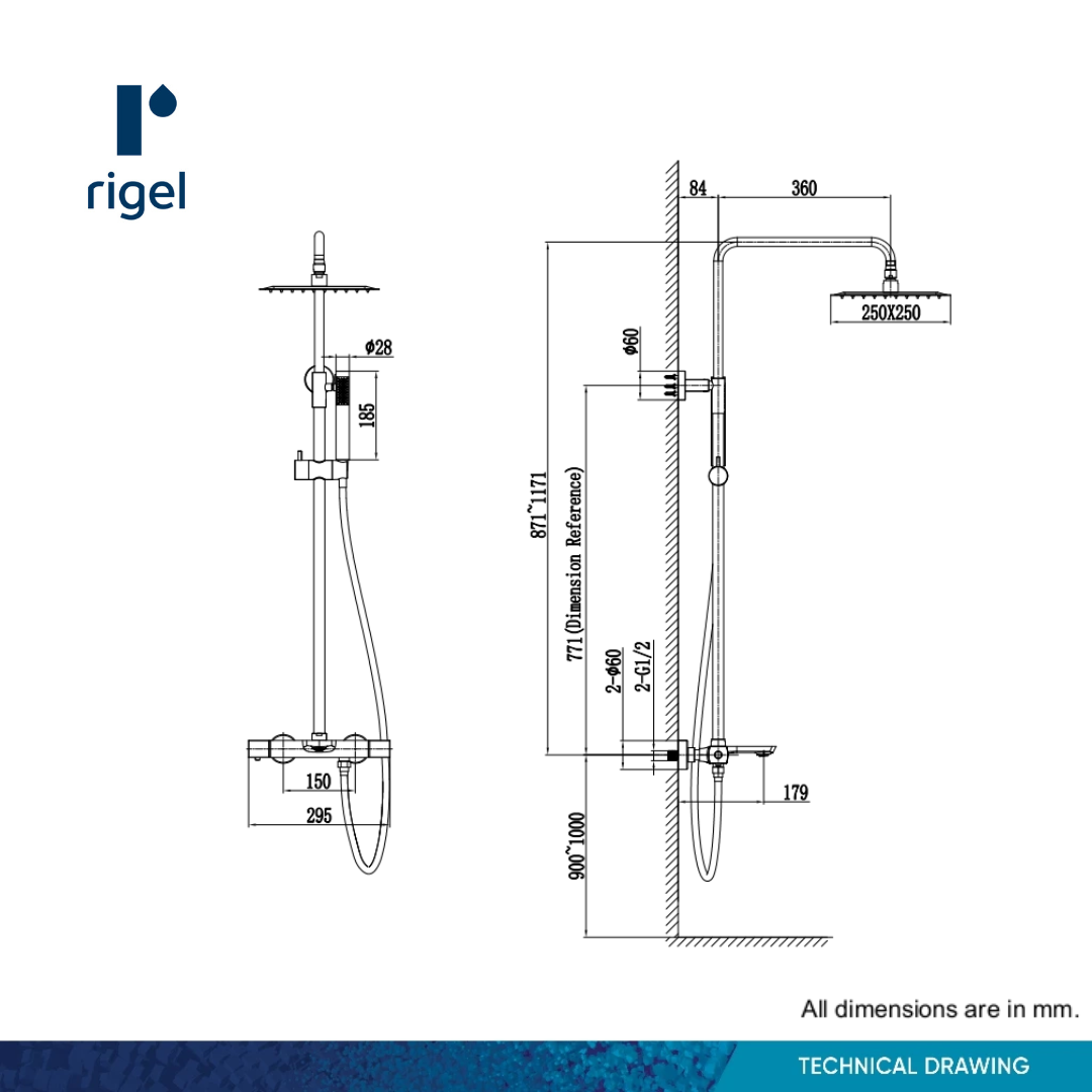 RIGEL Thermostatic Brushed Copper Rain Shower Set TSME14459T (BrCu ...