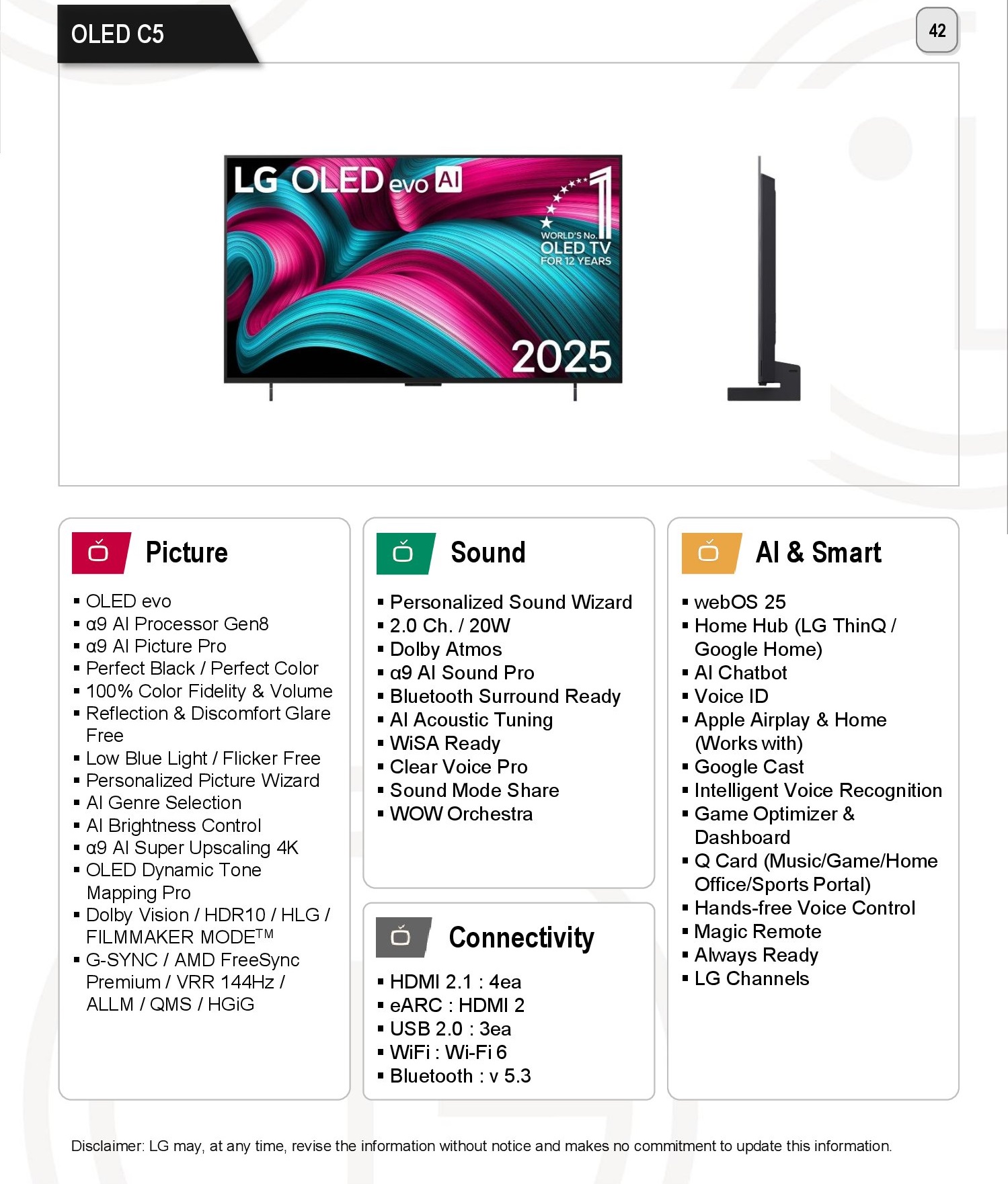 LG OLED42C5PSA 42" ThinQ AI 4K OLED evo TV ENERGY LABEL: 4 TICKS 3 ...