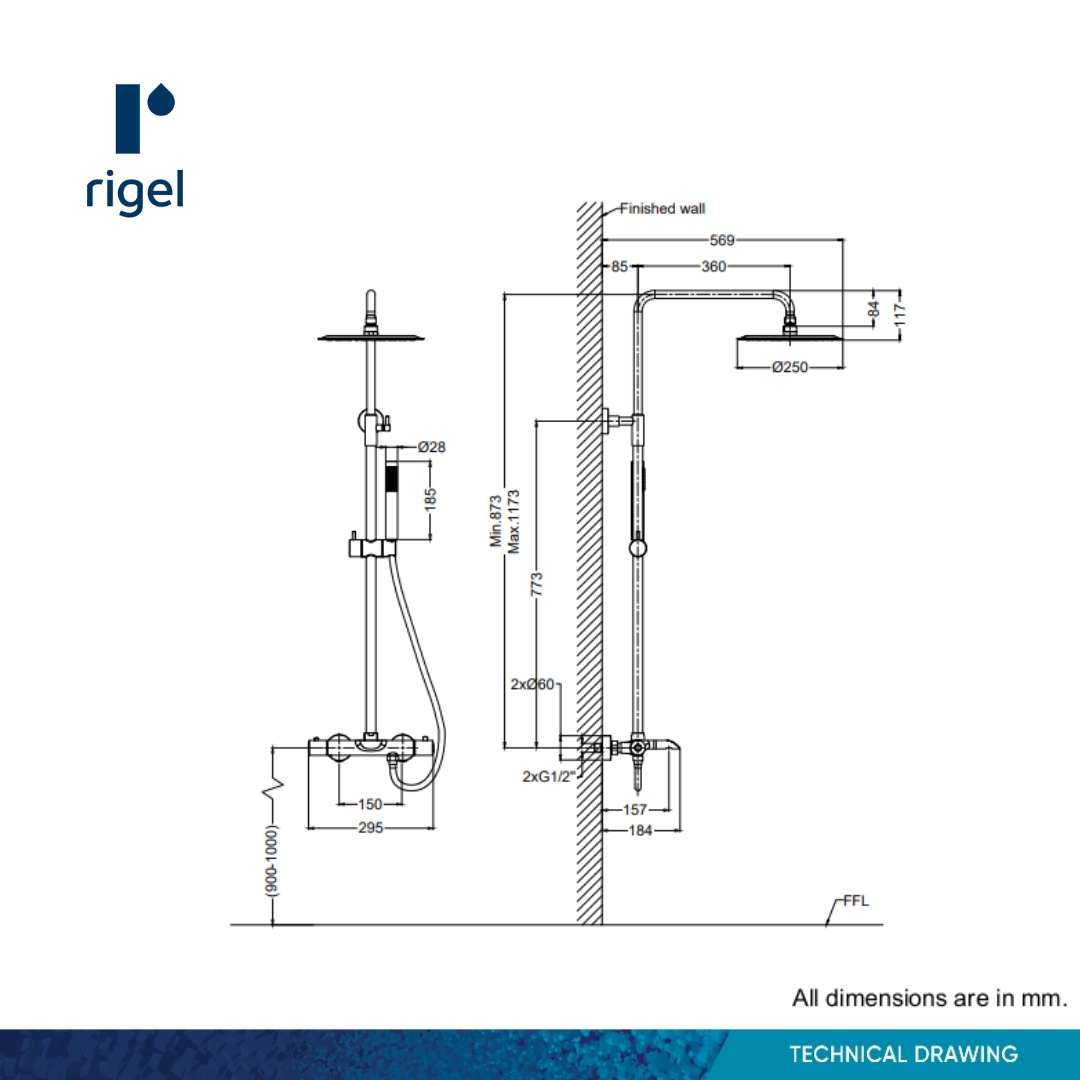 RIGEL Thermostatic Brushed Copper Rain Shower Set TSME14418T (BrCu ...