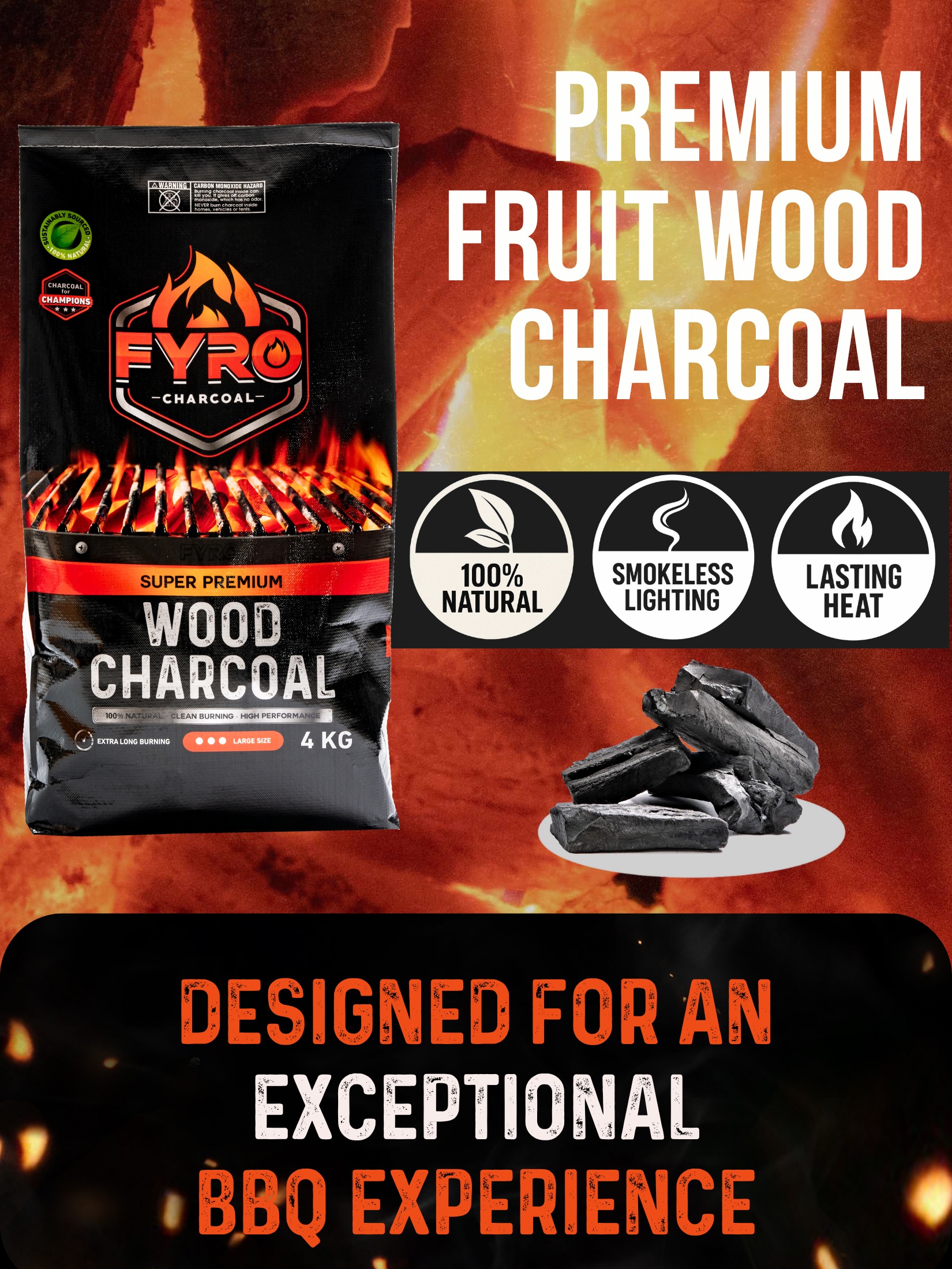 FYRO Premium Fruit Wood Lump Charcoal (4kg) | 100% Natural, Long Burn ...