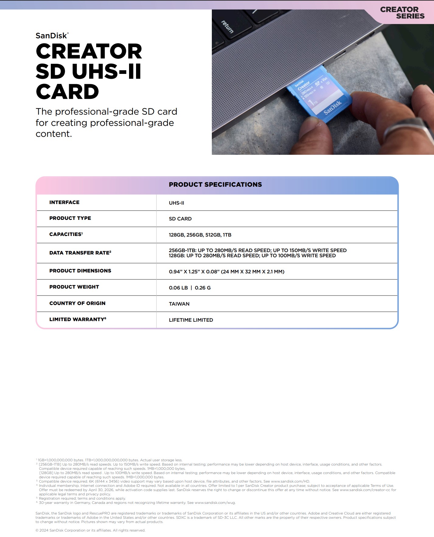 Sandisk Creator 4K 6K SD Card V60 U3 UHS-II Read Speed 280MB/s 128GB ...