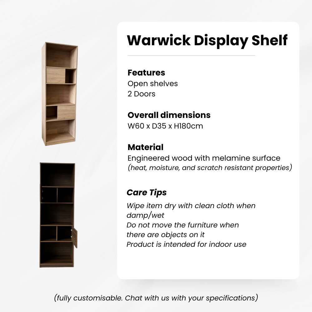VHIVE Warwick 60cm Bookcase Display Shelf - 2 Door High 180cm Oak ...