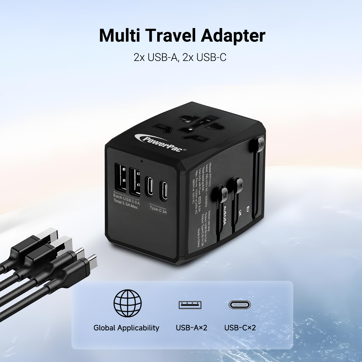 PowerPac Multi Travel Adapter With 2x USB-A + 2x USB-C Charger | PD 15W ...