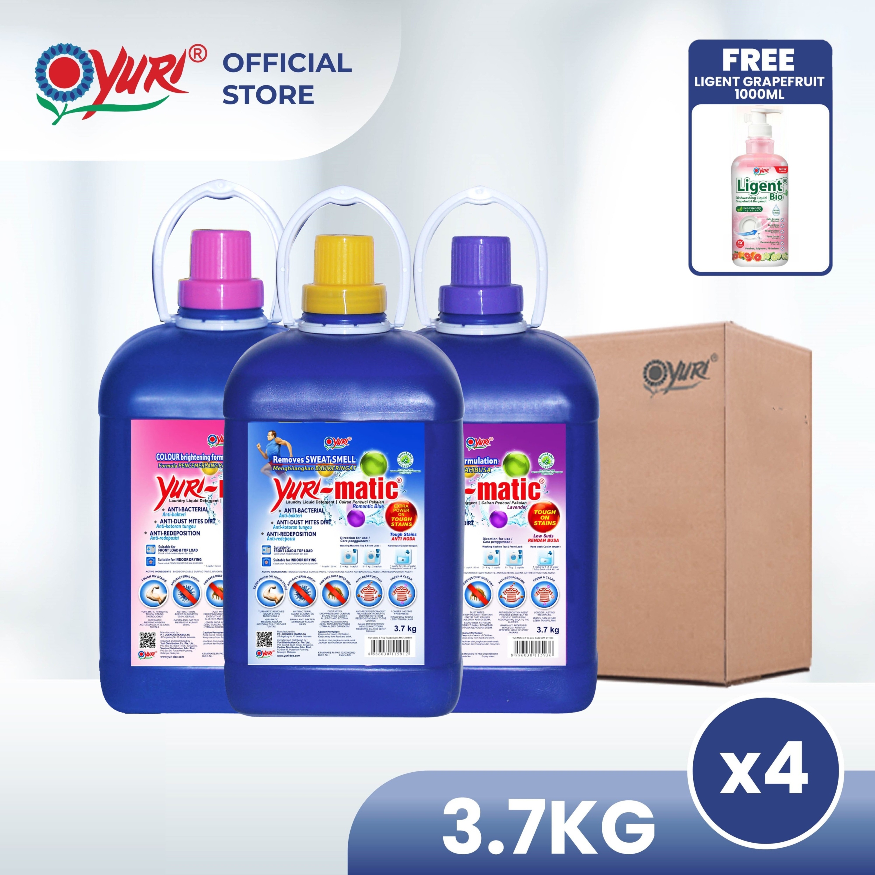 [Carton Deal] Yuri-matic Laundry Liquid Detergent 3.7Kg x4 (FOC Ligent ...