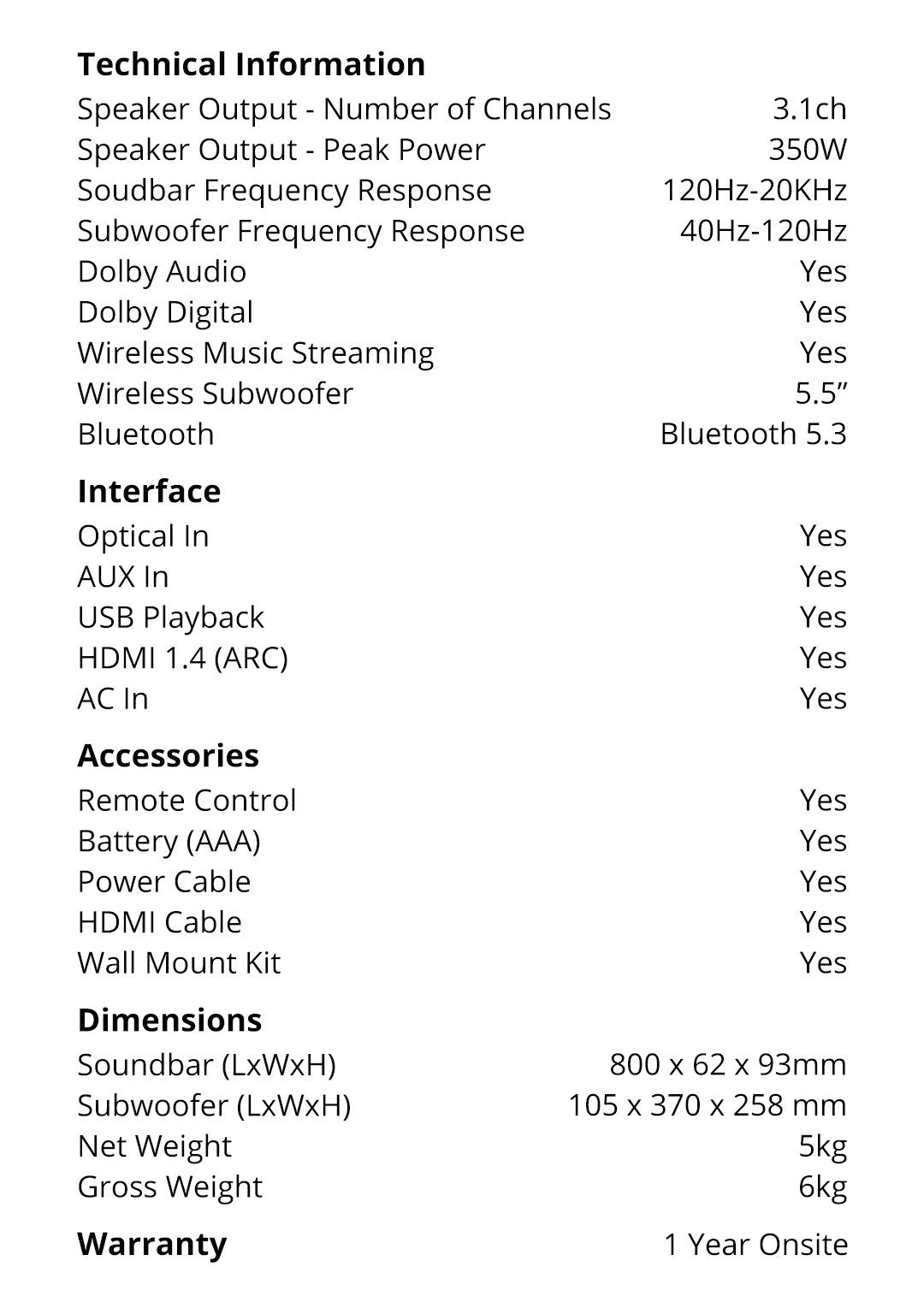 PRISM+ Flow 3.1ch Soundbar with Dolby Audio | 350W | Wireless Subwoofer ...