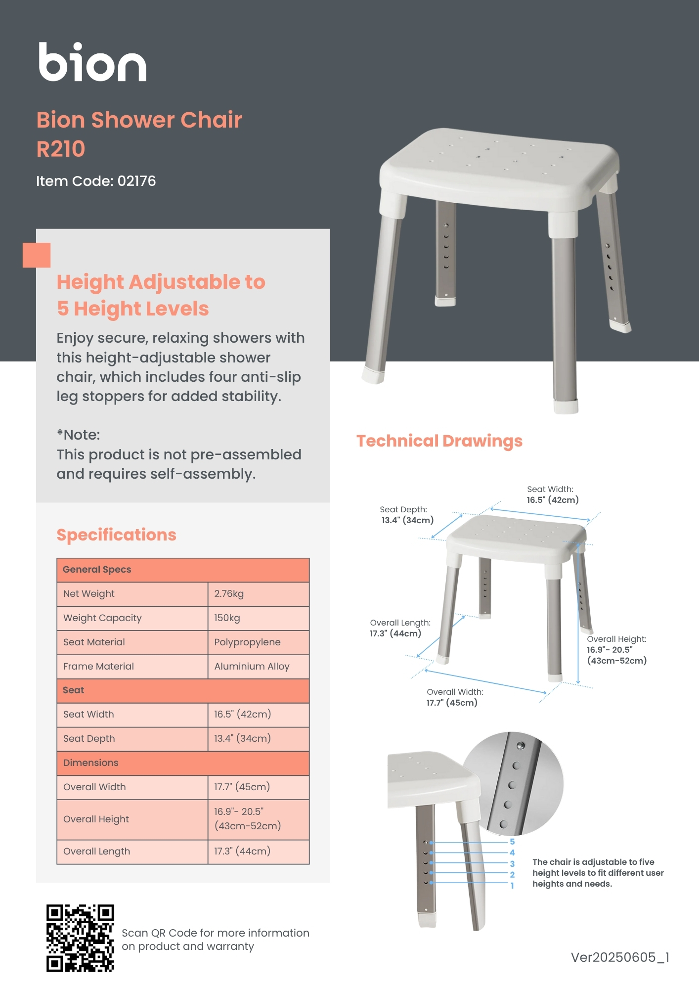 Bion Shower Chair R210 | Height Adjustable Legs Sturdy Bacteria ...