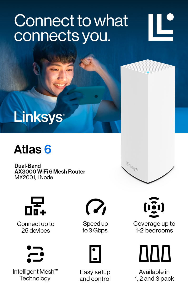 Linksys Atlas 6 : AX3000 Dual Band Mesh WiFi 6 Router (MX2001, 1 Pack ...