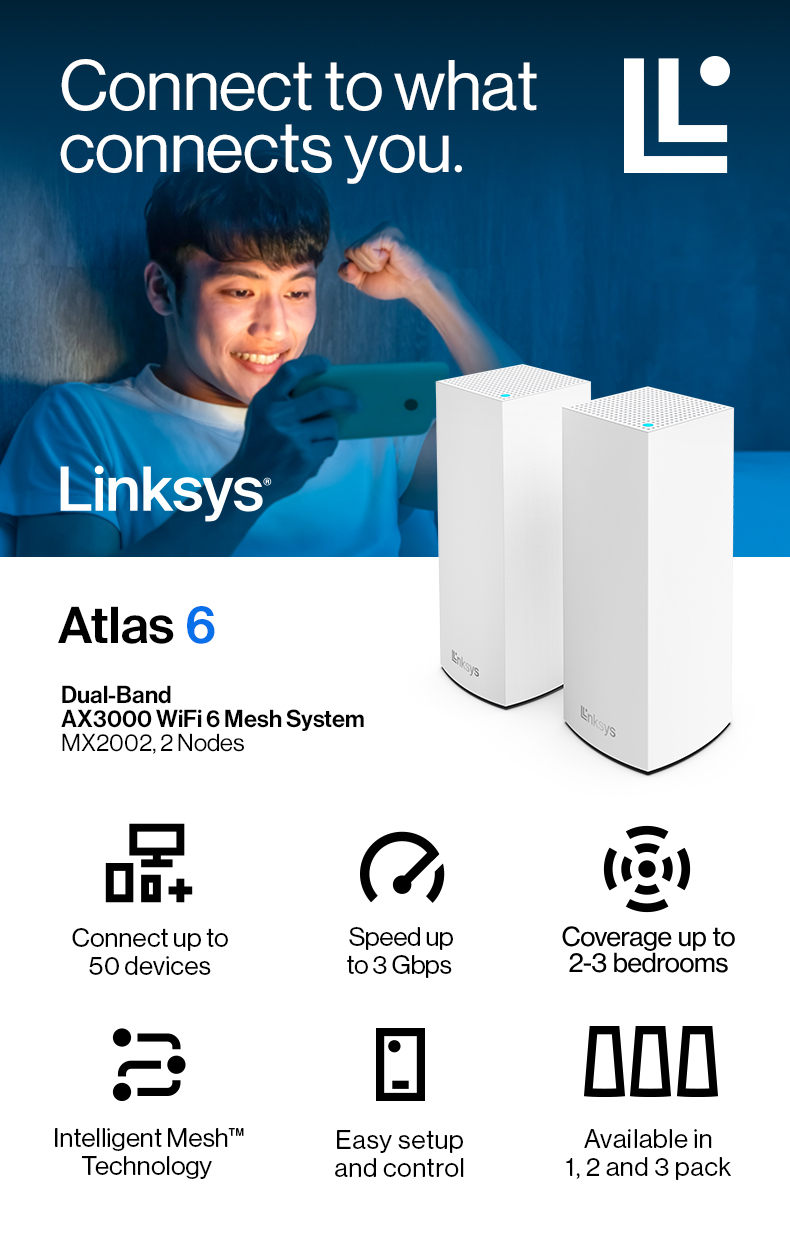 Linksys Atlas 6: AX3000 Dual Band Mesh WiFi 6 System (MX2002, 2 Pack), WiFi 6 Mesh Router ...