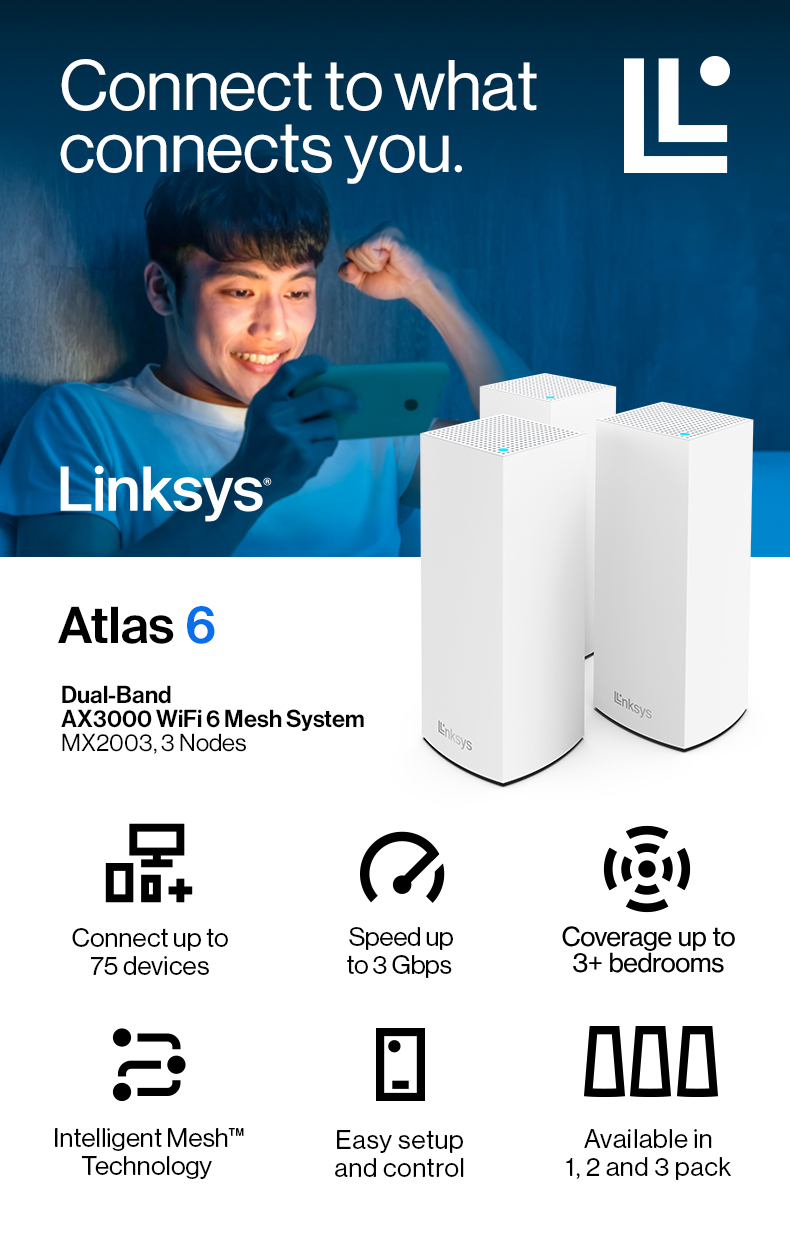 Linksys Atlas 6: AX3000 Dual Band Mesh WiFi 6 System (MX2003, 3 Pack), WiFi 6 Mesh Router ...