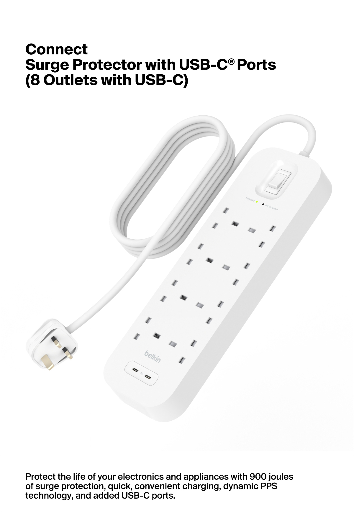 Belkin SRB004af2M-REV Connect Surge Protector with 2 USB-C Ports 2M ...