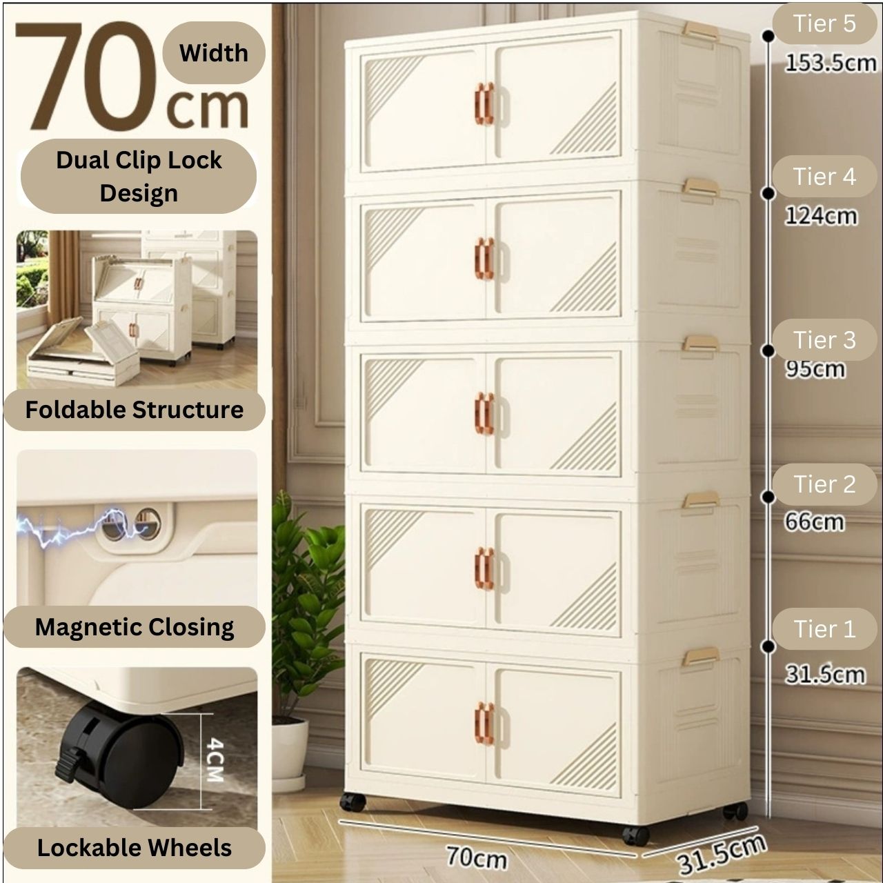 ⚡️SG Stock⚡️Foldable Stackable Storage Cream White Cabinet with 360 ...