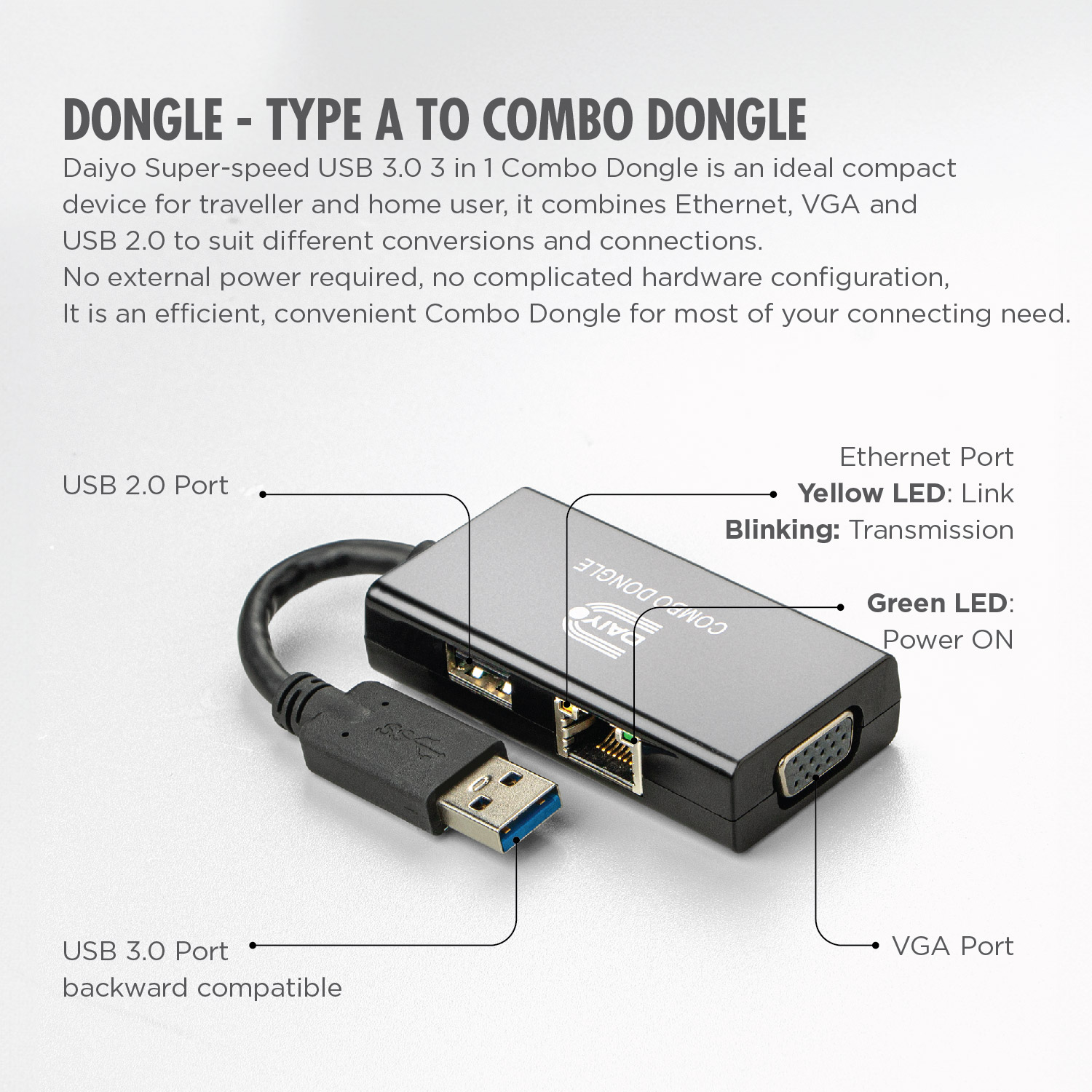 Daiyo CP 2606 USB 3.0 to VGA + LAN + Fast USB (3 in 1 Combo Dongle ...