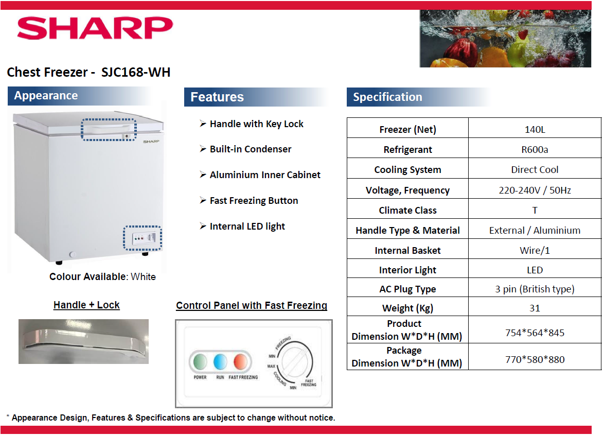 SHARP 93L / 140L / 282L / 435L WHITE CHEST FREEZER [ SJC118-WH | SJC168 ...