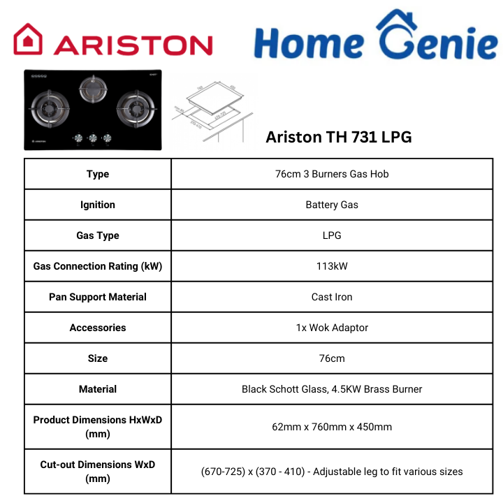Ariston 76cm 3 Burner (TH 731 TG/LPG) / 2 Burner (TH 731 LPG) Black Schott Glass Auto Shut Off ...