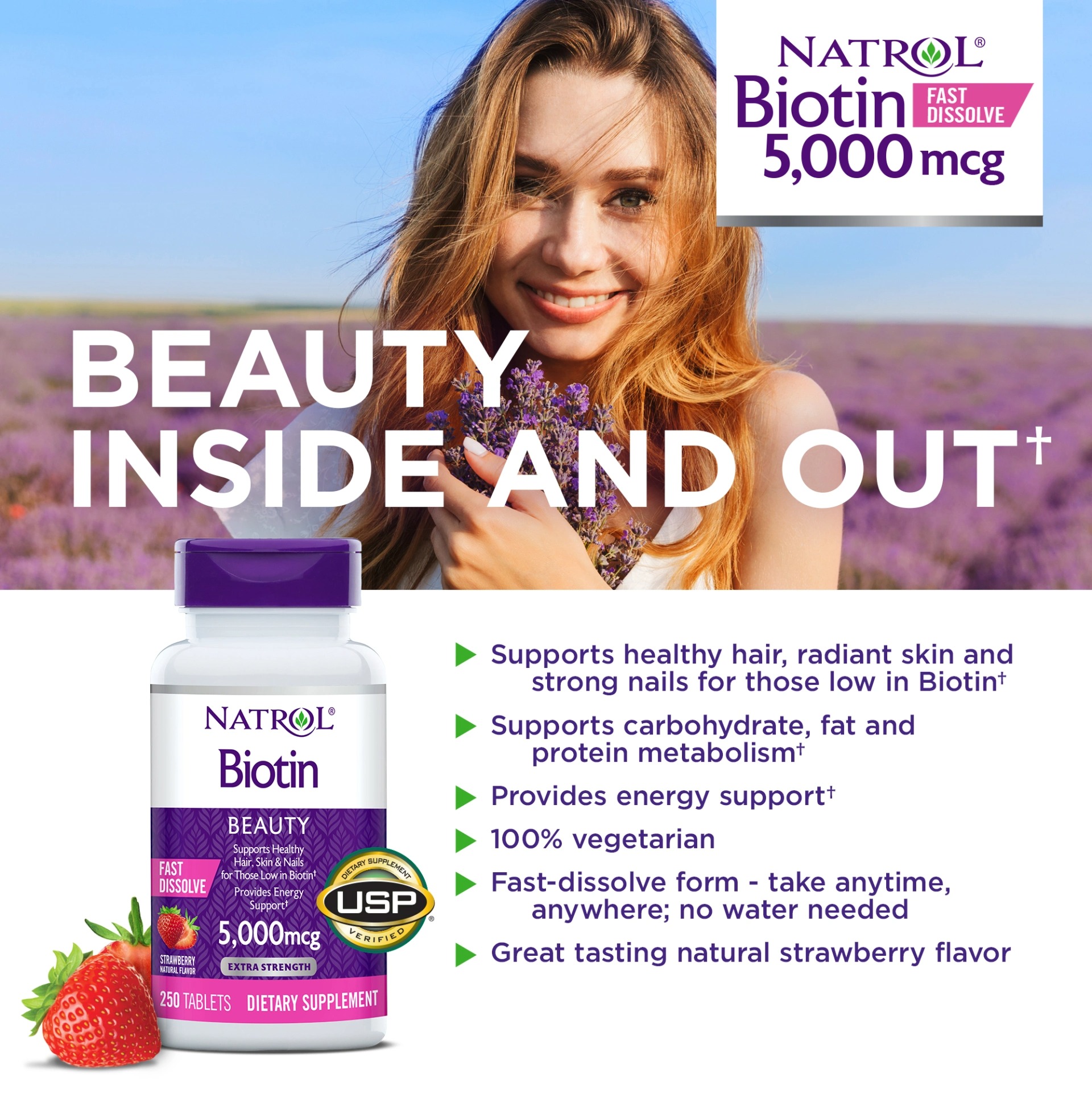 👍Natrol Biotin 5000 mcg 250 Fast Dissolve Tablets Vegetarian Beauty ...