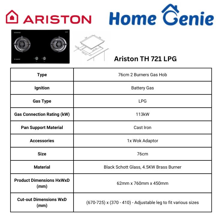 Ariston 76cm 3 Burner (TH 731 TG/LPG) / 2 Burner (TH 731 LPG) Black Schott Glass Auto Shut Off ...