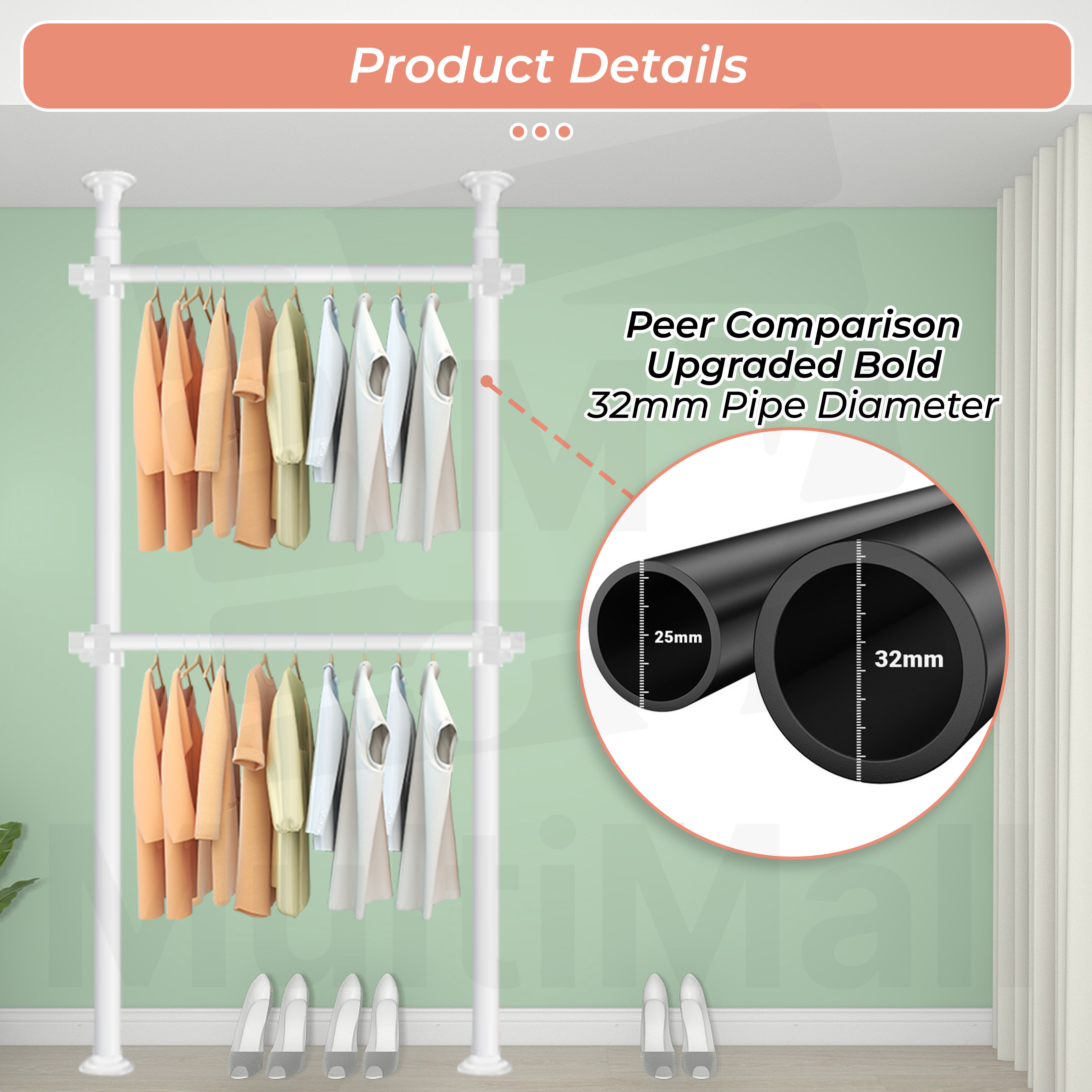 Laundry Pole Stand 2 Poles 2 Bar Clothes Bar Pole Laundry Pole Clotes ...