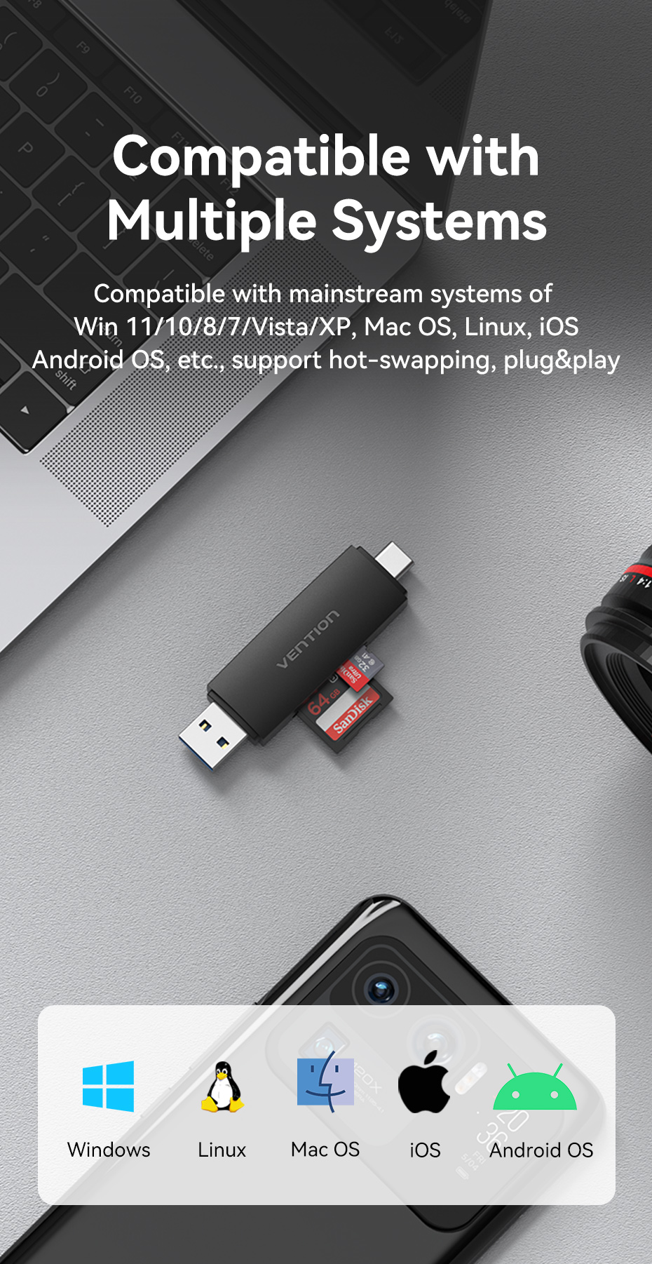 Vention Card Reader USB 3.0 Type C 512GB Fast Transmission 2 in 1 SD ...