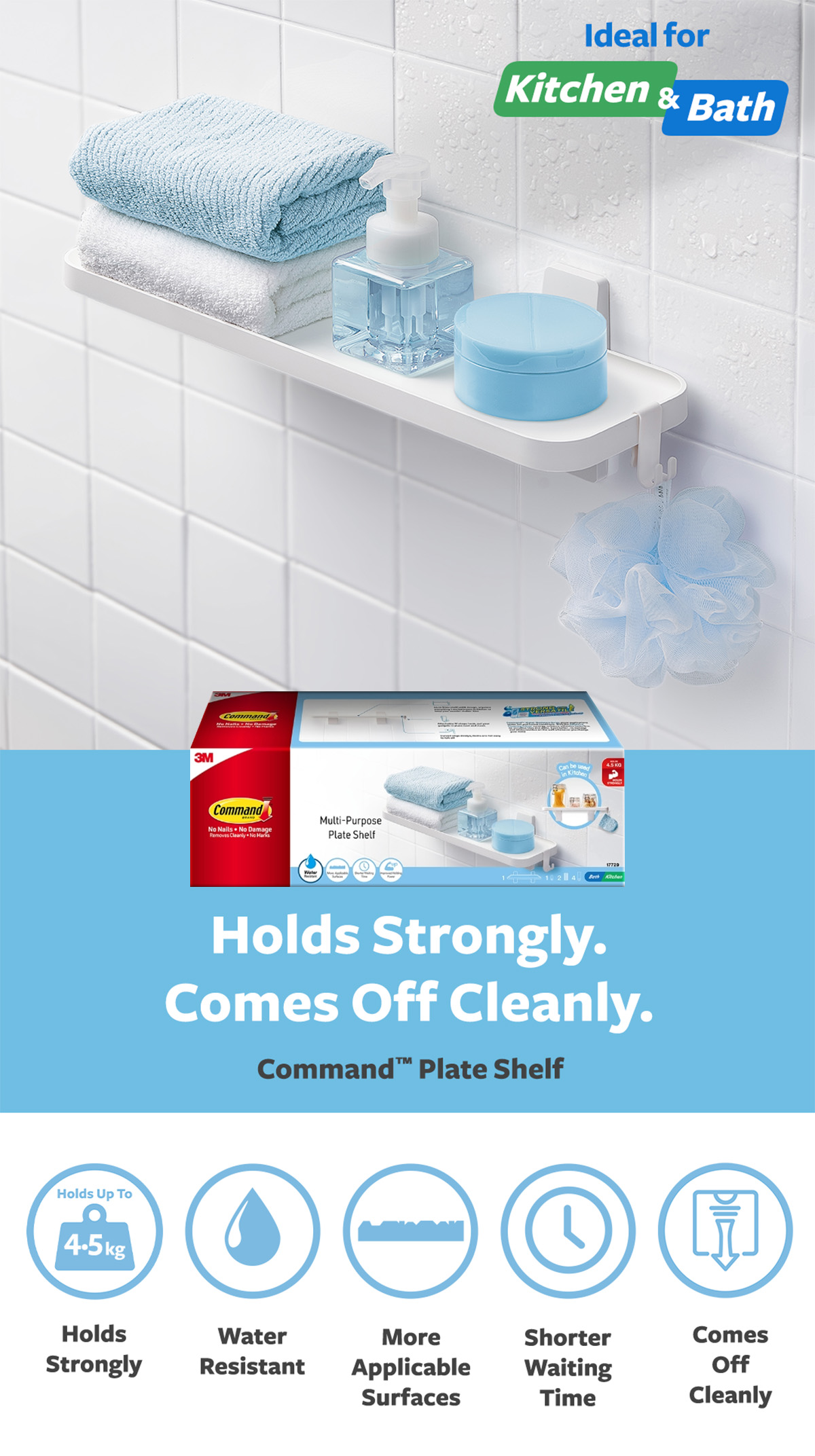 3M Command Bathroom Primer Plate Shelf ,17729 (Up to 4.5kg) 1/Pack ...