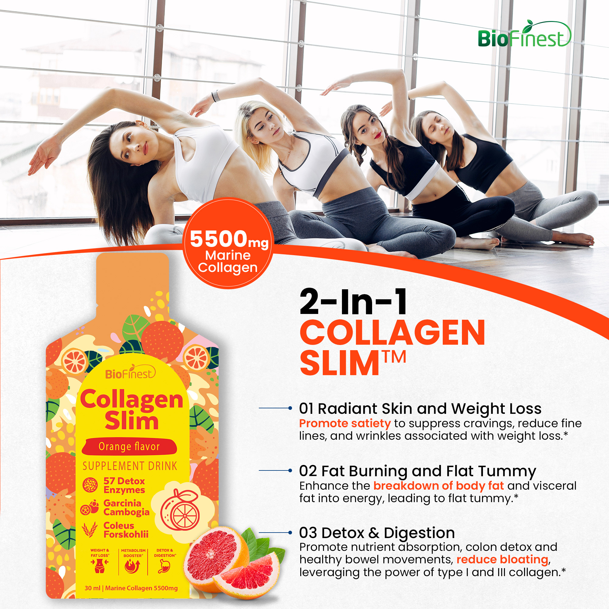 Biofinest Marine Collagen Peptides Slim Drink 5500mg 57 Detox Enzymes ...