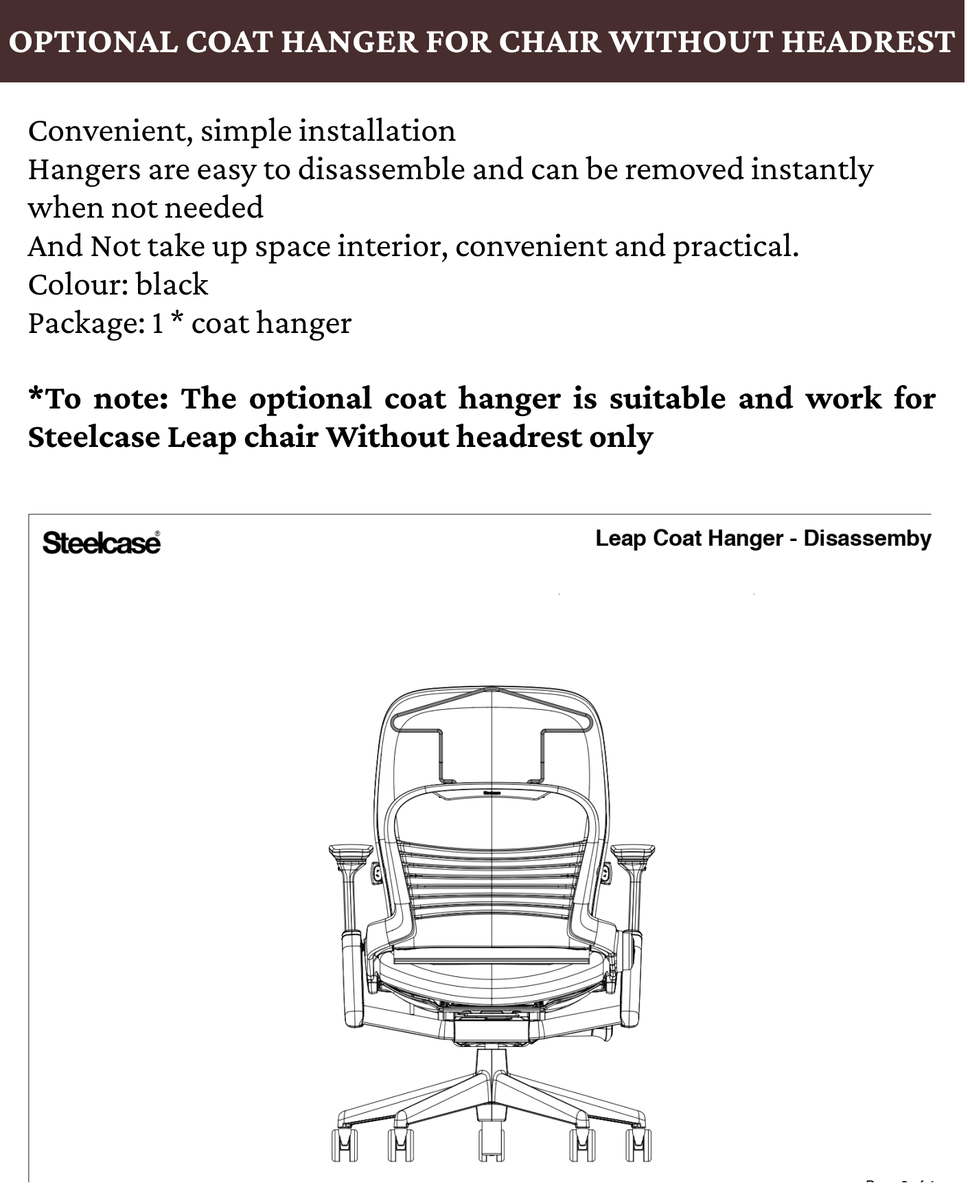 Steelcase Leap Chair Coat Hanger, Black Colour - Newstar Furniture ...