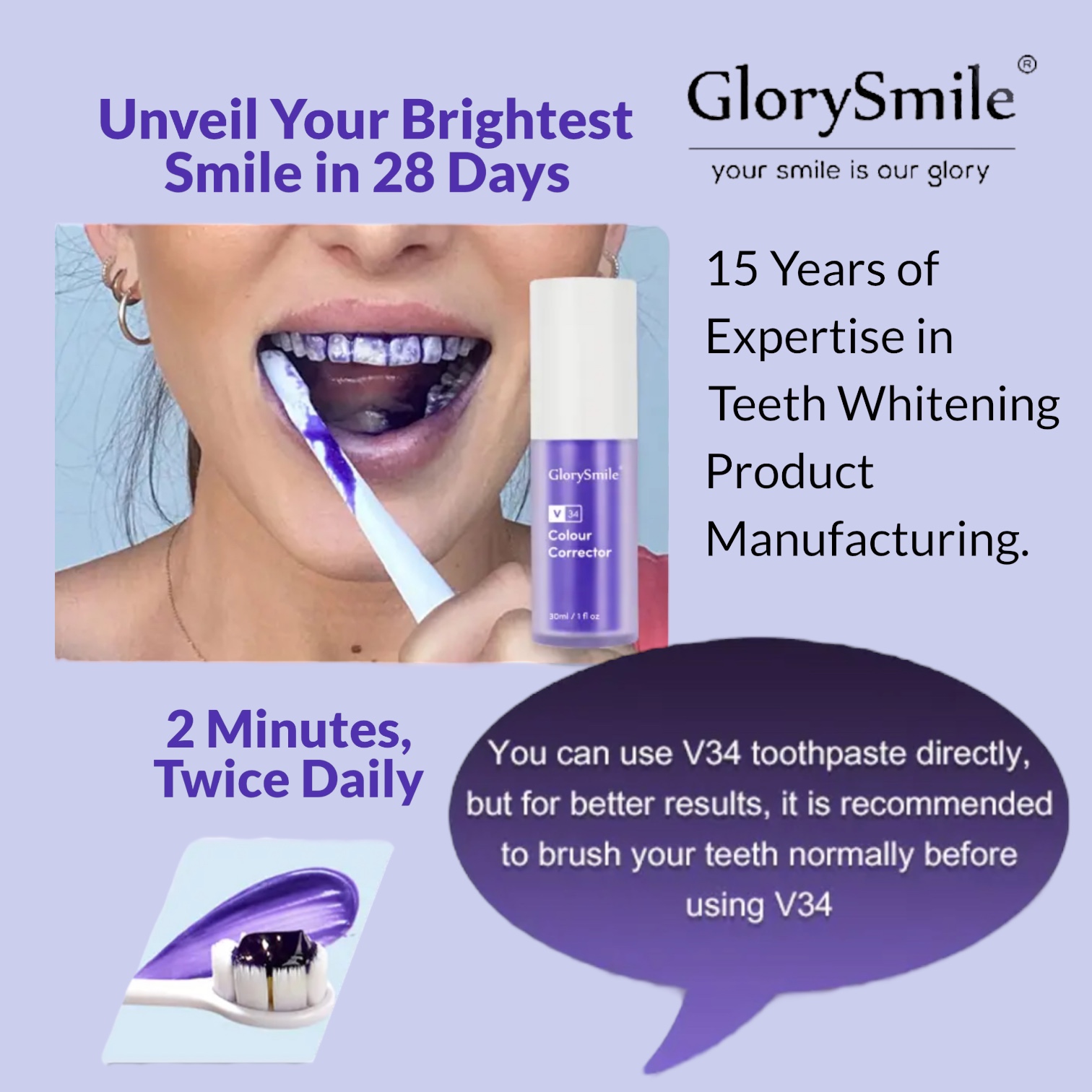 GlorySmile V34 Color Corrector Whitening Serum Toothpaste - Peroxide-Free 28-days V34 Formula ...