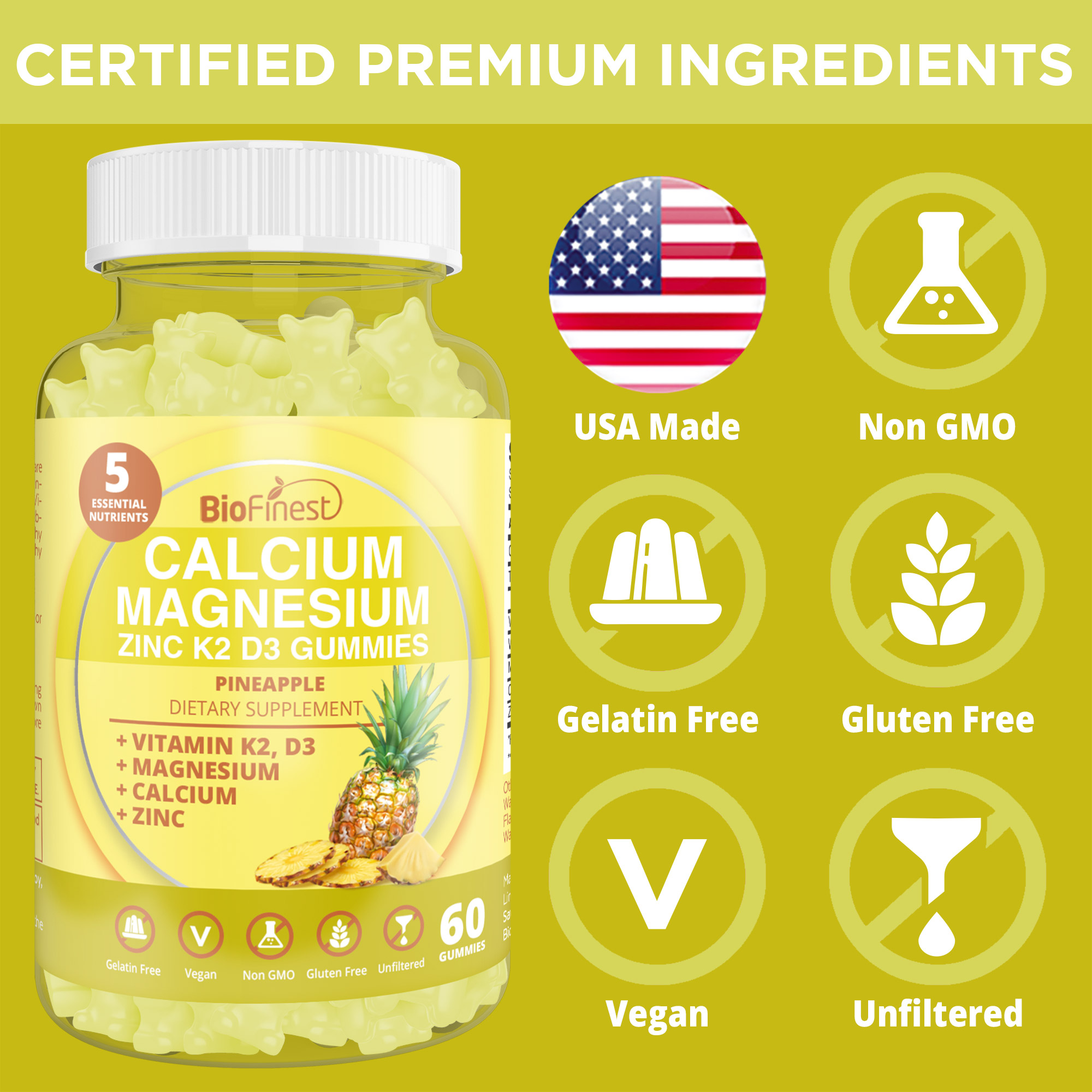 Biofinest Calcium Magnesium Zinc K2 D3 Gummy Supplement - Enhanced ...