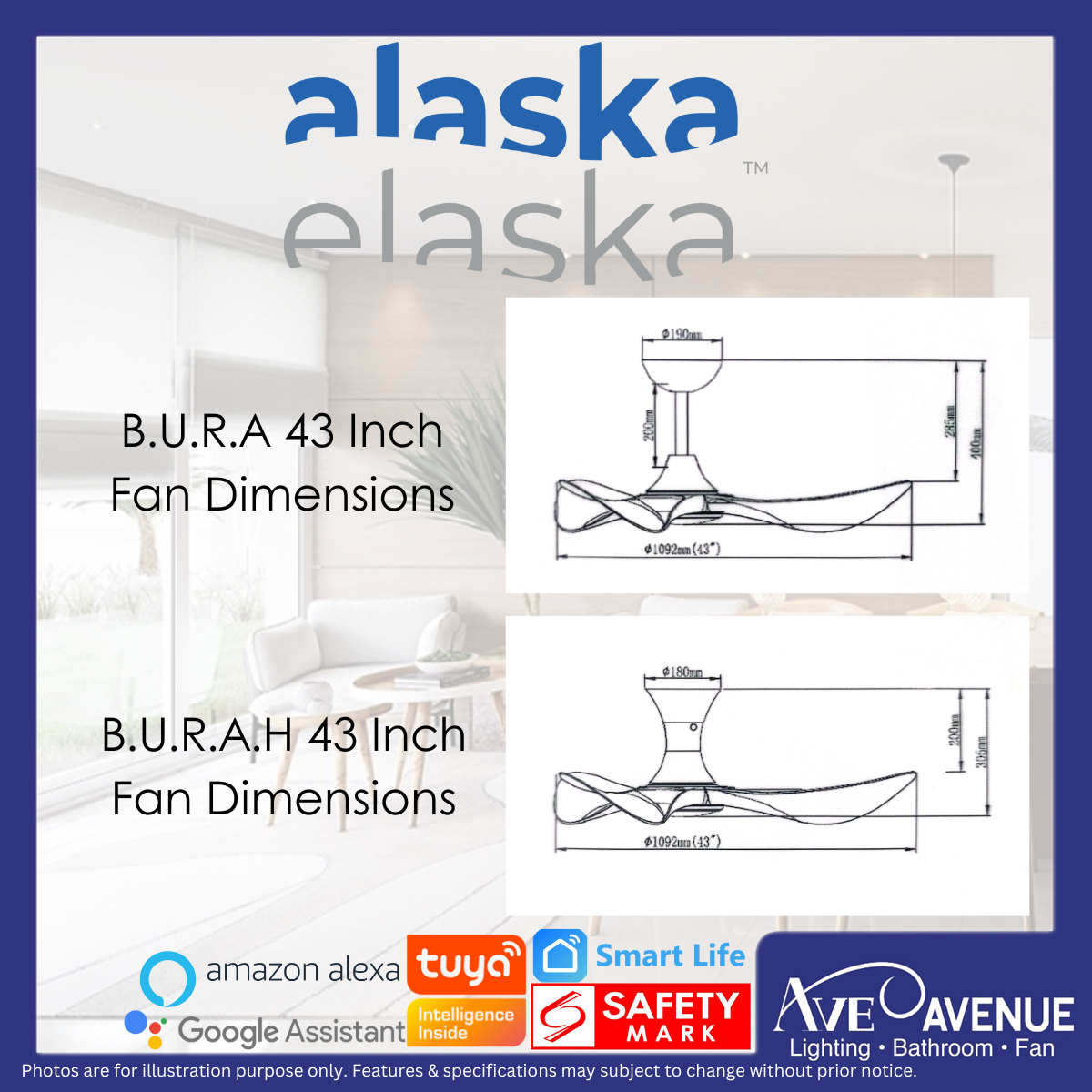 ALASKA Bura / Burah Smart DC Motor 43 Inch 3 Blade Ceiling Fan w/ LED ...