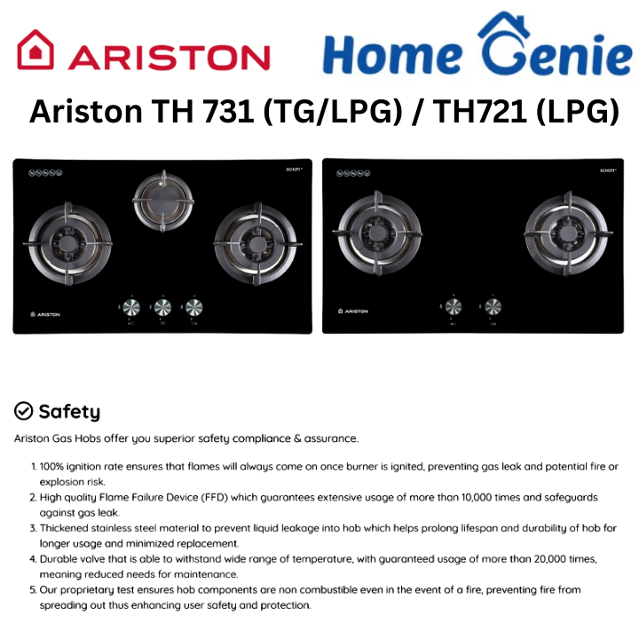 Ariston 76cm 3 Burner (TH 731 TG/LPG) / 2 Burner (TH 731 LPG) Black Schott Glass Auto Shut Off ...