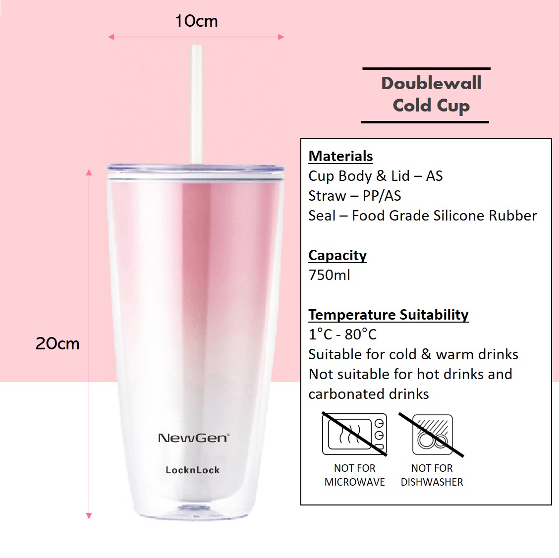 NewGen 2-Layer Double Wall Plastic Cold Cup with Straw Pink 750ml ...