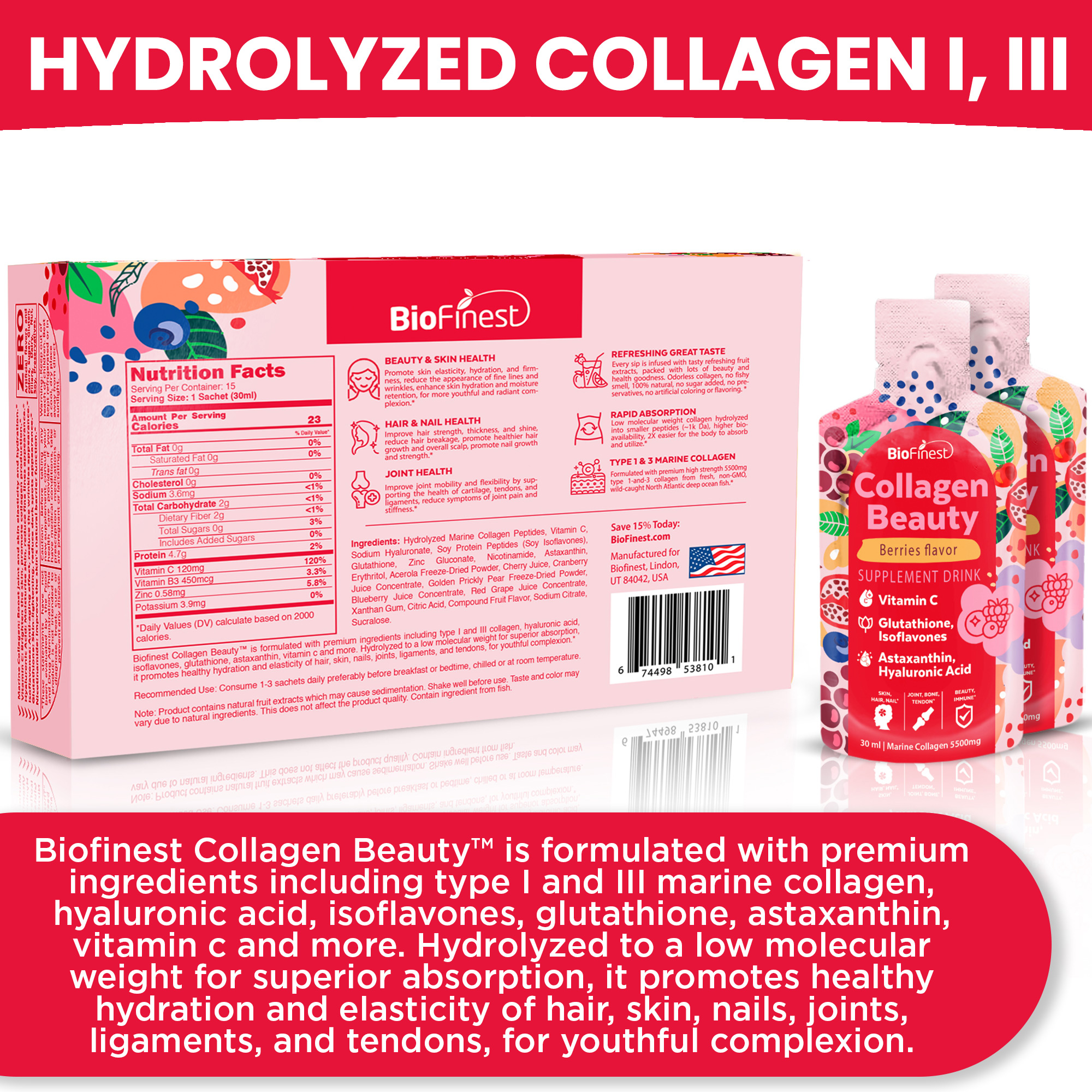 Biofinest Marine Collagen Peptides Beauty Drink 5500mg Hyaluronic Acid ...
