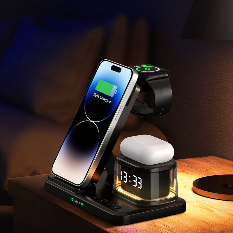 Folding 5-in-1 clock night light wireless charger phone watch headphone ...