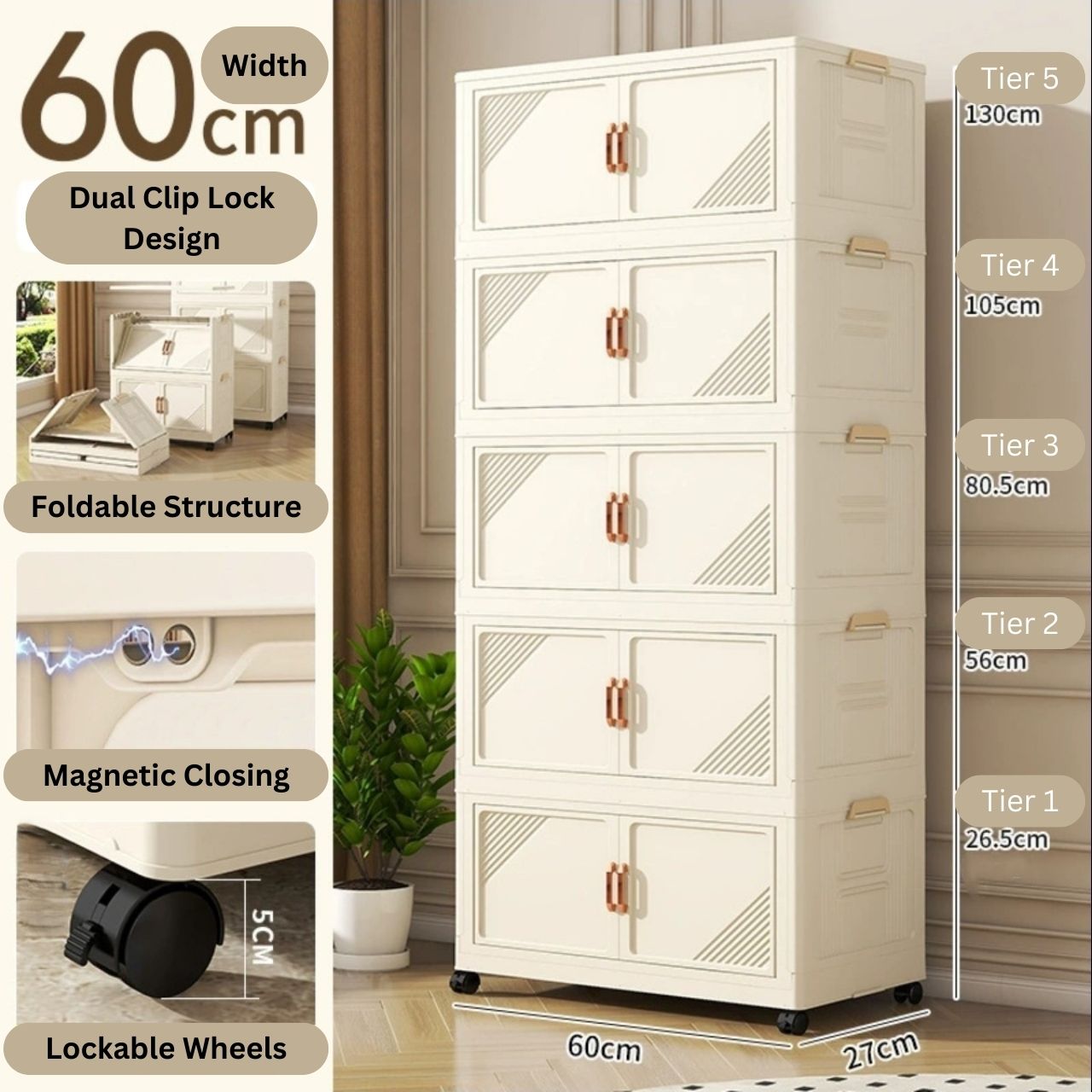 ⚡️SG Stock⚡️Foldable Stackable Storage Cream White Cabinet with 360 ...