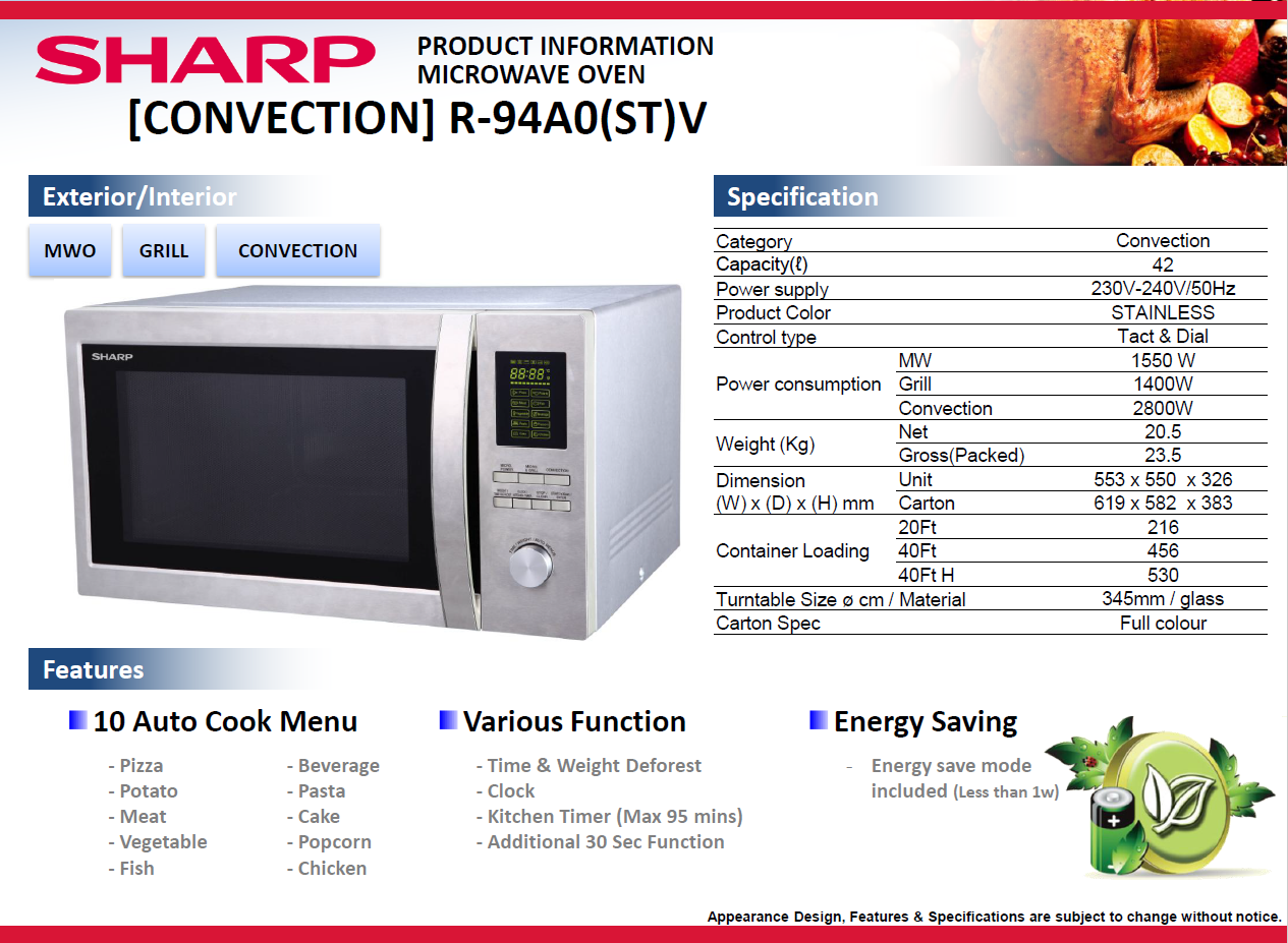 SHARP R-92A0(ST)V | R-94A0(ST)V 32L / 42L COUNTER TOP MICROWAVE OVEN ...