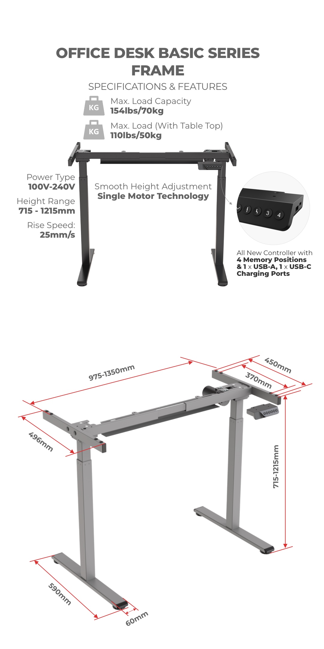Squirrey Electric Height Adjustable Office Desk Basic Series [Custom Frame |Tabletop Size ...