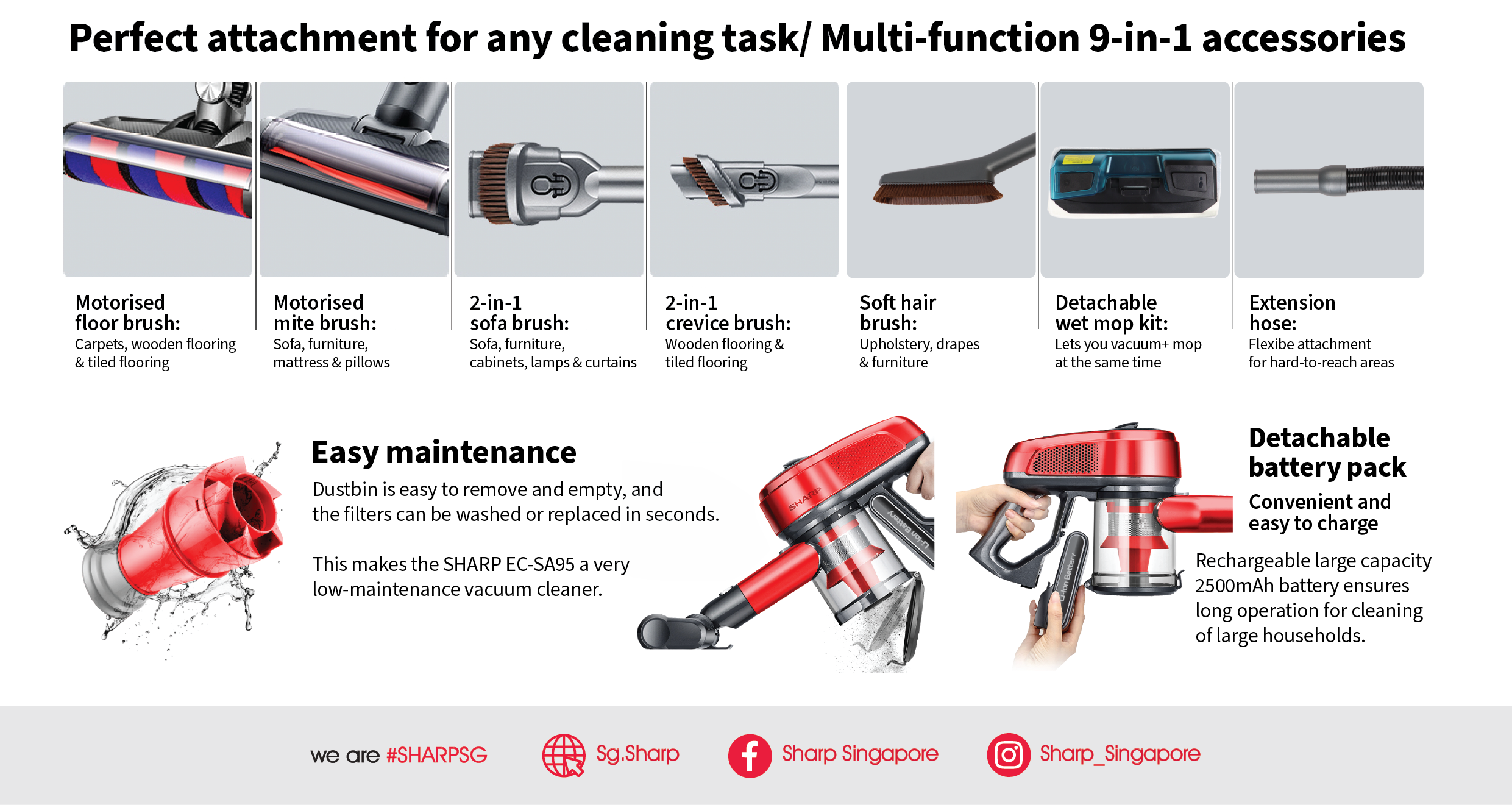 SHARP Cordless Handstick Vacuum with Mop Kit EC-SA95S-R | Shopee Singapore