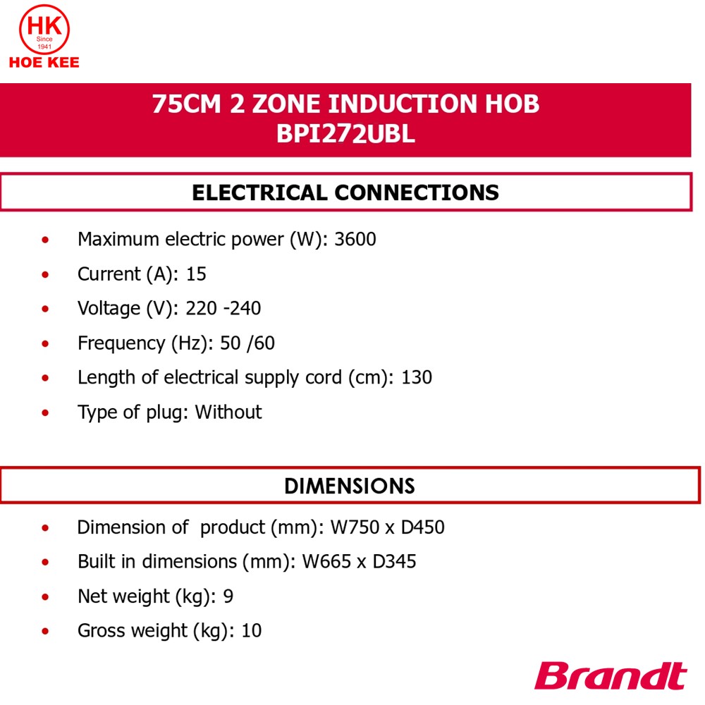 Brandt BPI272UBL 75CM 2 ZONE ULTRABOOST INDUCTION HOB | Shopee Singapore