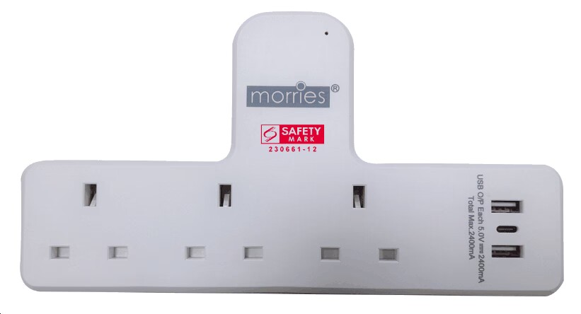 Morries T-Shape Power Extension Socket Adapter MS3TSA MS3USBCTSA with 2 ...
