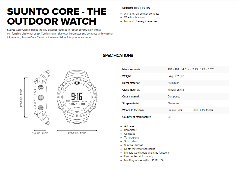 SUUNTO CORE Sport Fitness Barometer & Altimeter Outdoor Military Tested ...