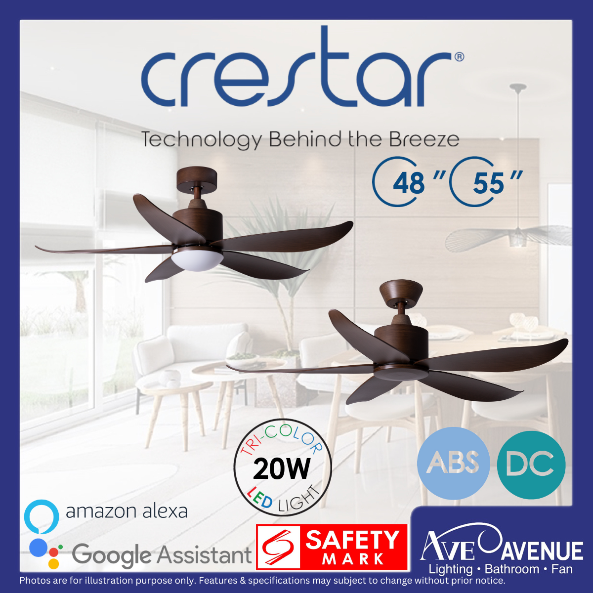 Crestar Value Air 48 / 55 Inch 5 Blades Ceiling Fan With 3-Tone LED ...