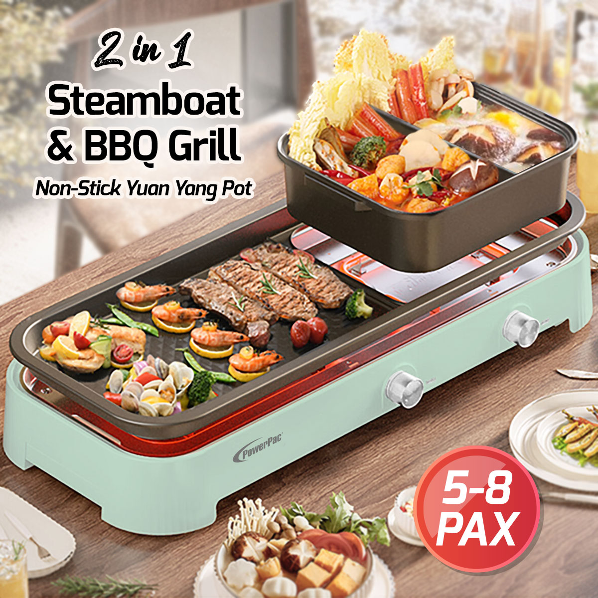 PowerPac Steamboat with BBQ Grill, 2 in 1 Multi Cooker with Non-stick ...