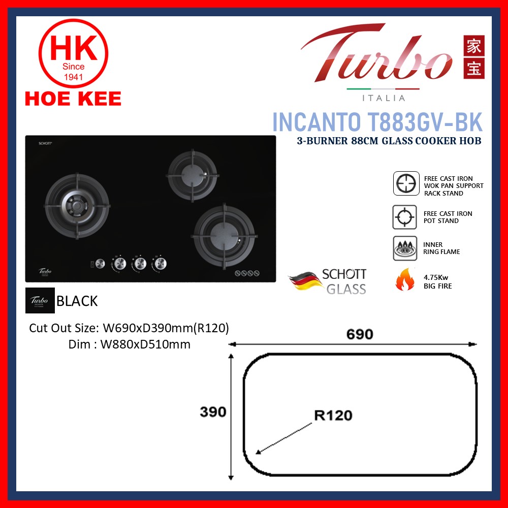 (BUNDLE) TURBO T883GV-BK/OW GLASS HOB + TURBO INCANTO T411-90SS/BK 90CM ...