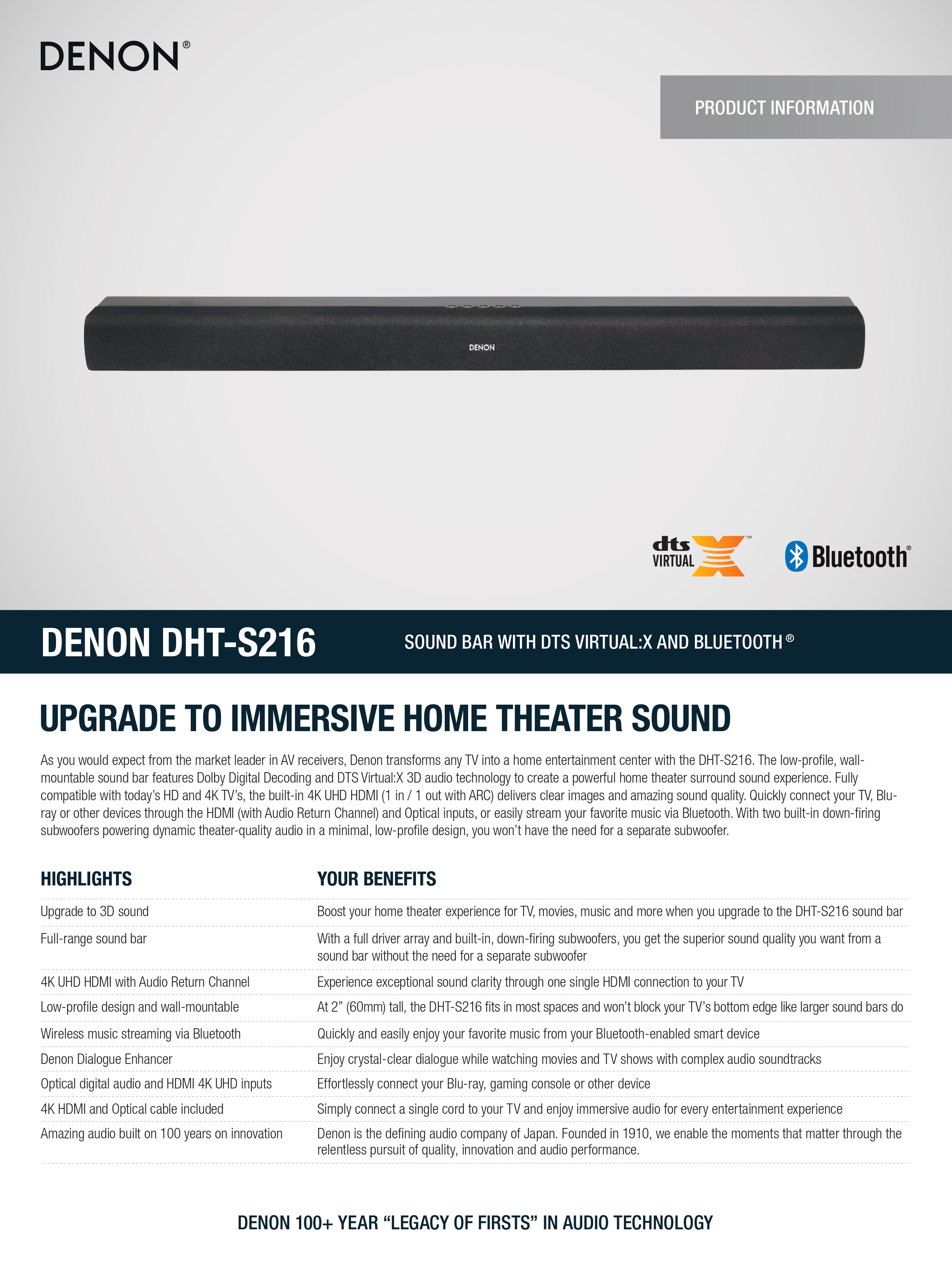 Denon DHT-S216 Compact Sound Bar with DTS Virtual:X 3D audio for enhanced bass and Built-in ...