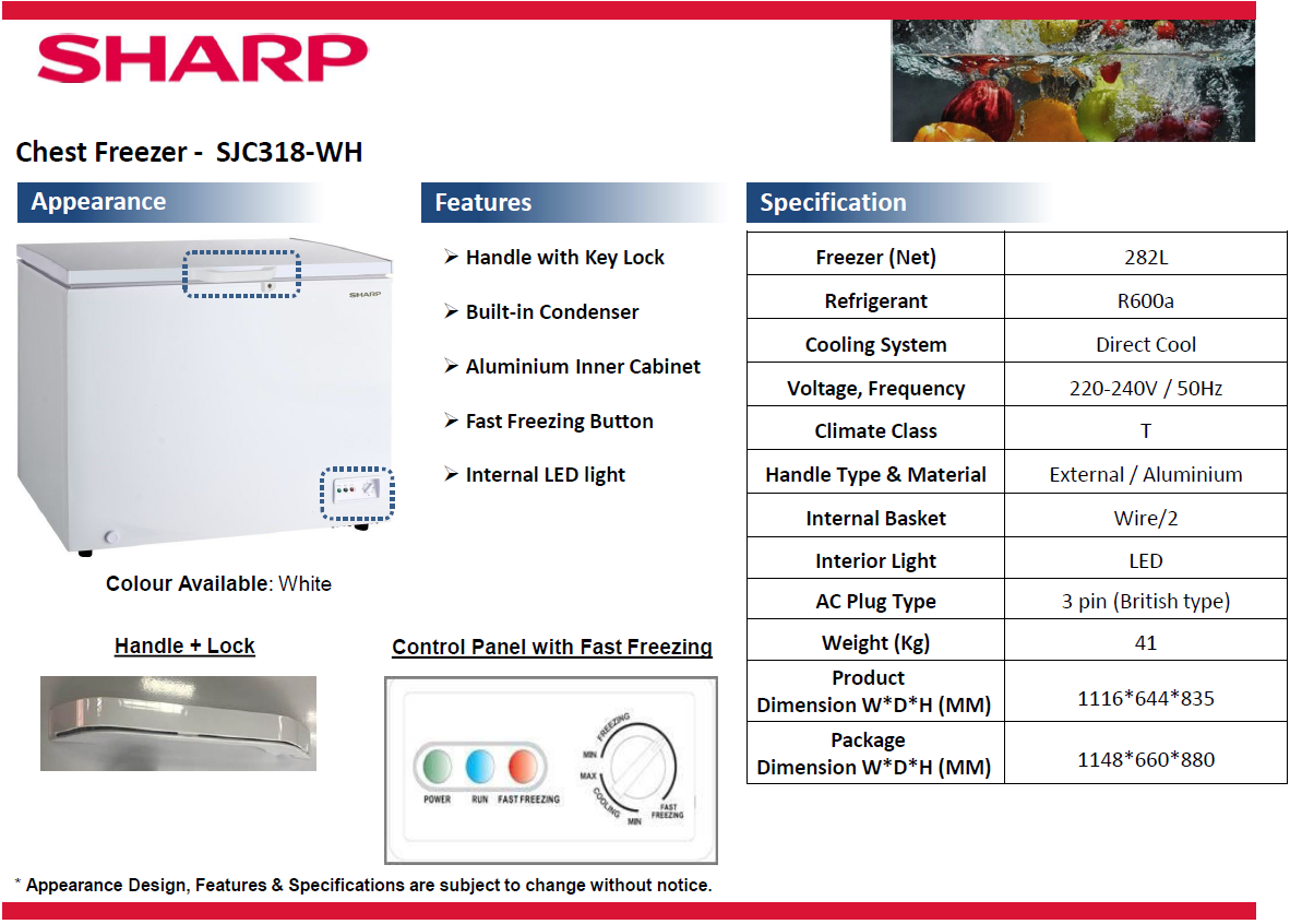 SHARP 93L / 140L / 282L / 435L WHITE CHEST FREEZER [ SJC118-WH | SJC168 ...